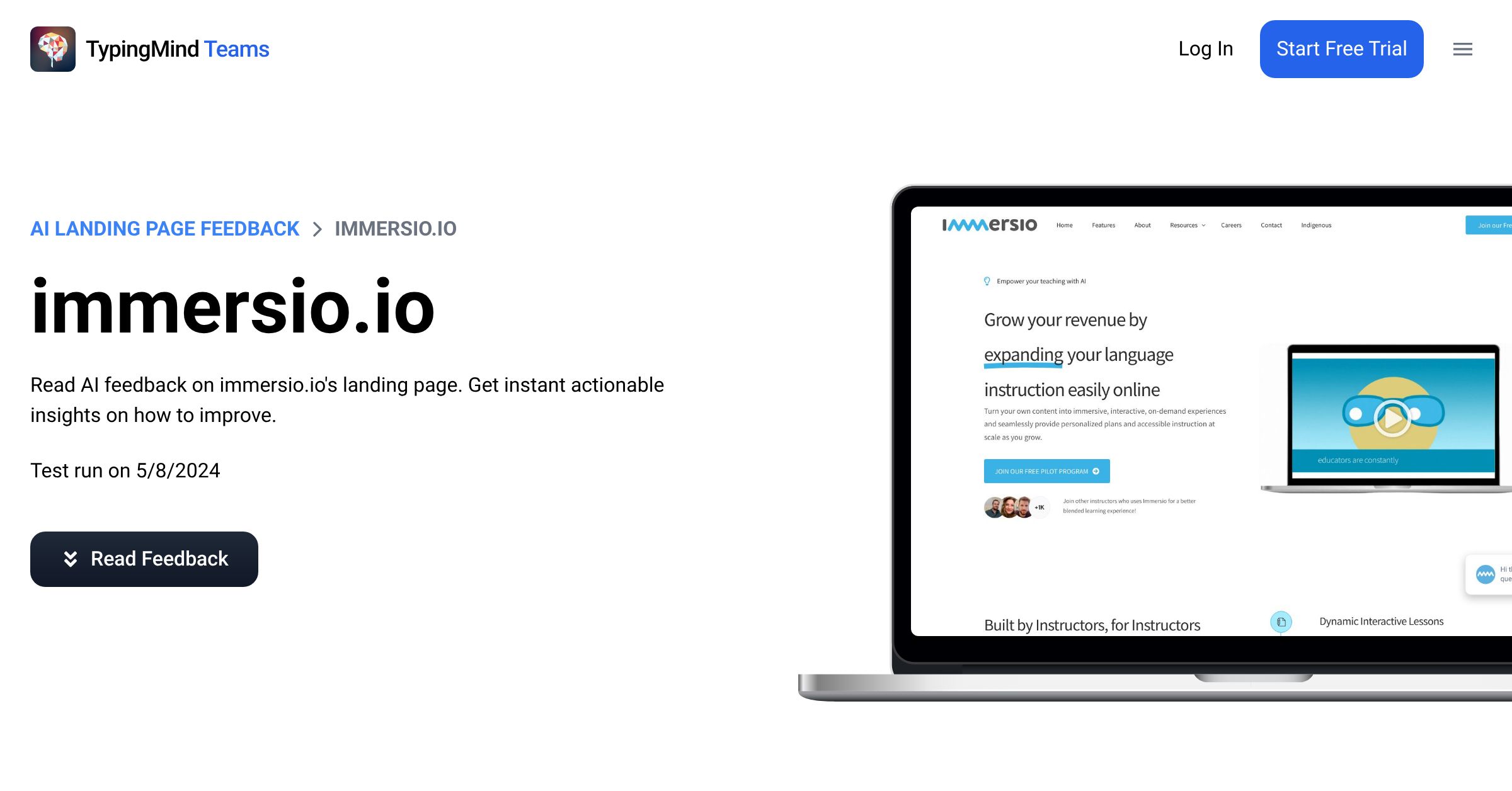 AI Landing Page Feedback for immersio.io