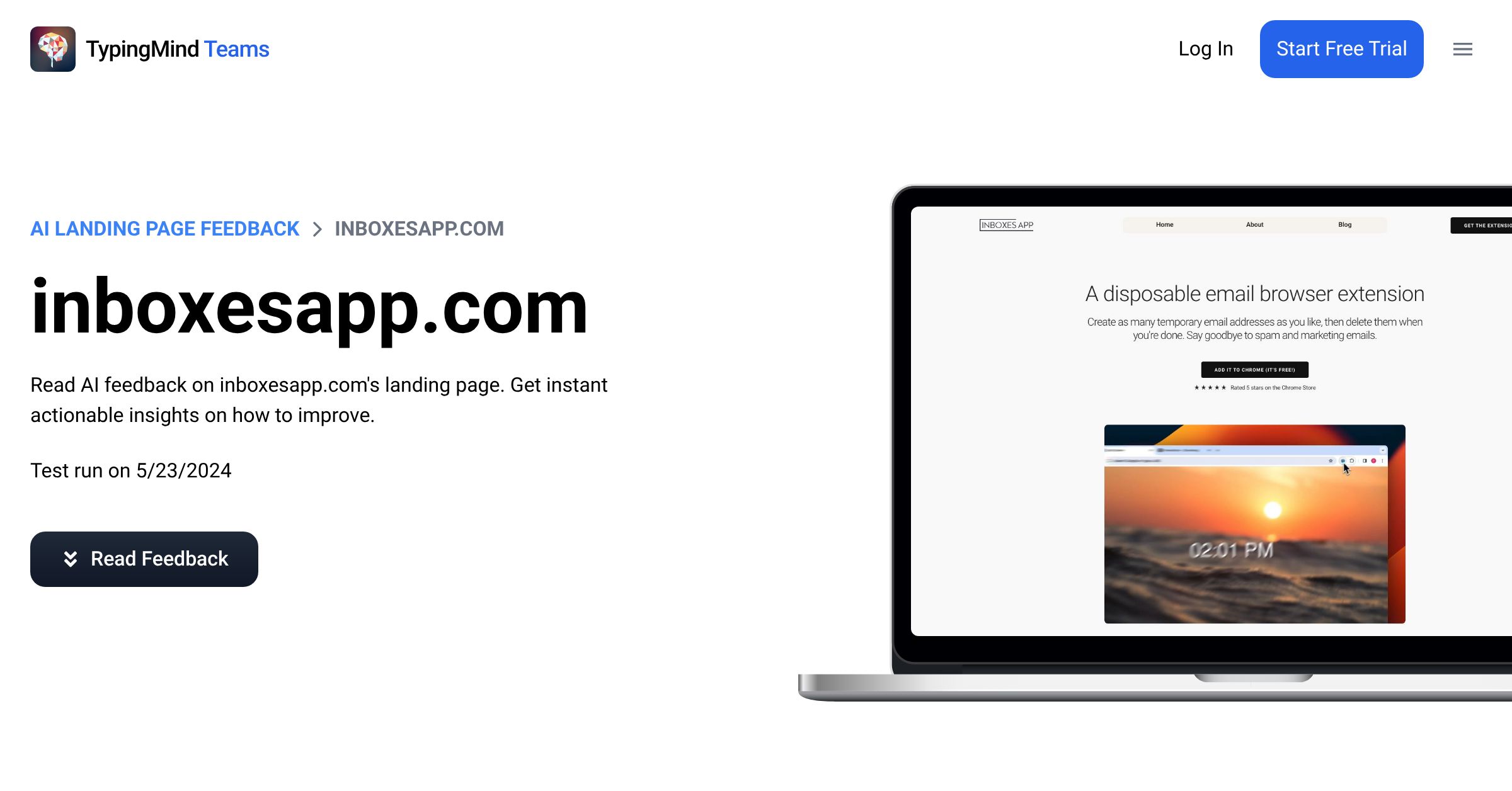 AI Landing Page Feedback for inboxesapp.com