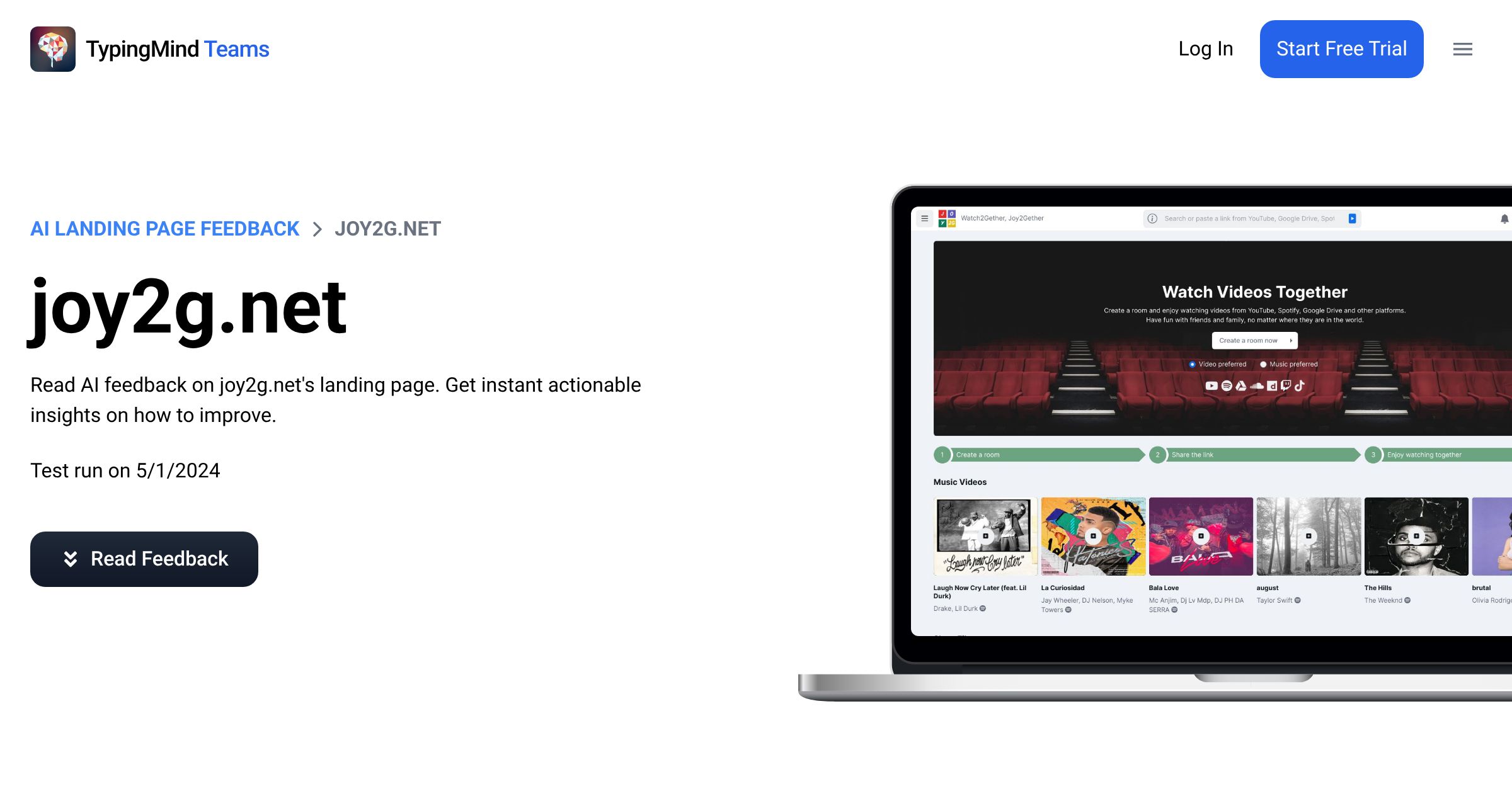 AI Landing Page Feedback for joy2g.net