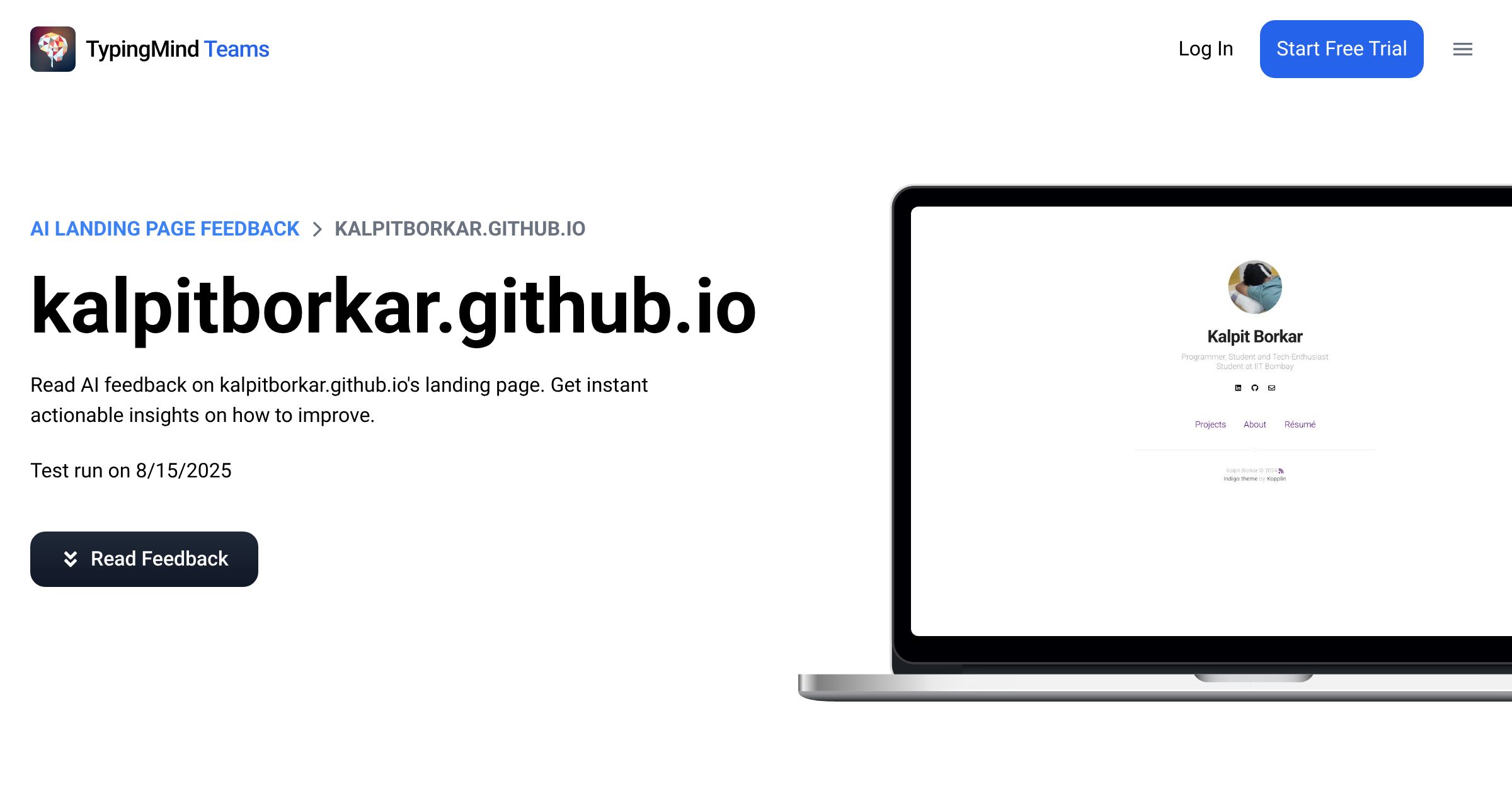 AI Landing Page Feedback for kalpitborkar.github.io