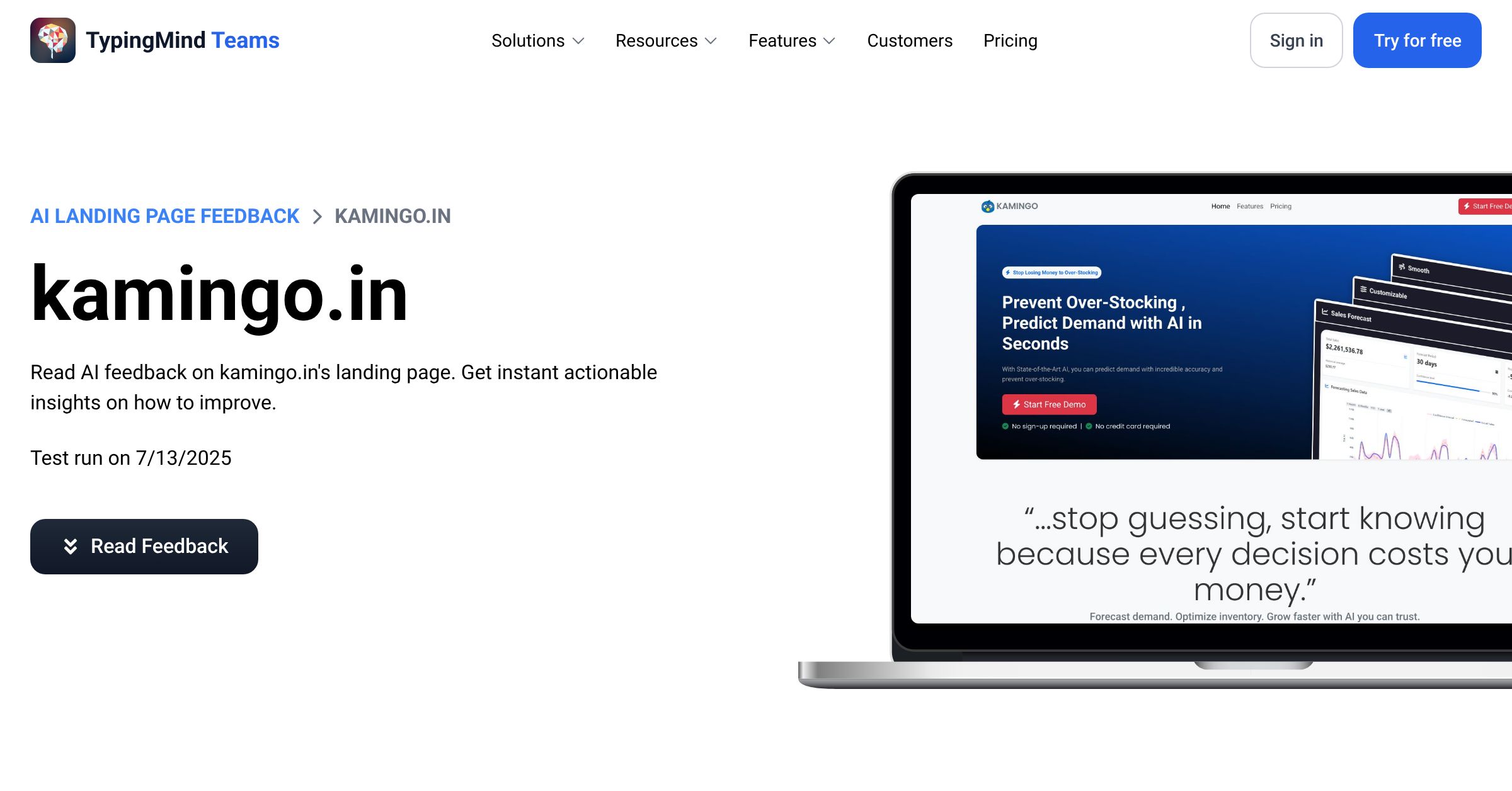 AI Landing Page Feedback for kamingo.in