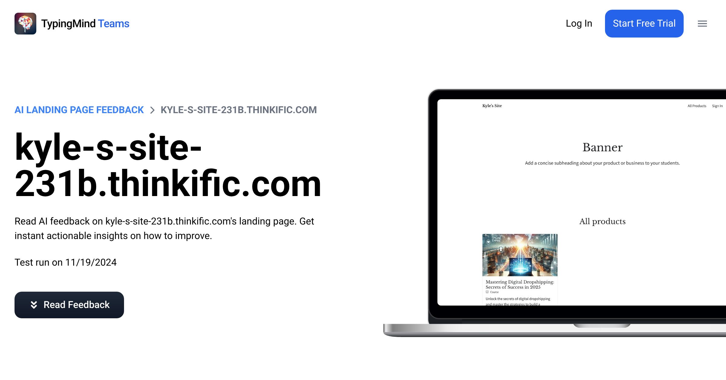 AI Landing Page Feedback for kyle-s-site-231b.thinkific.com