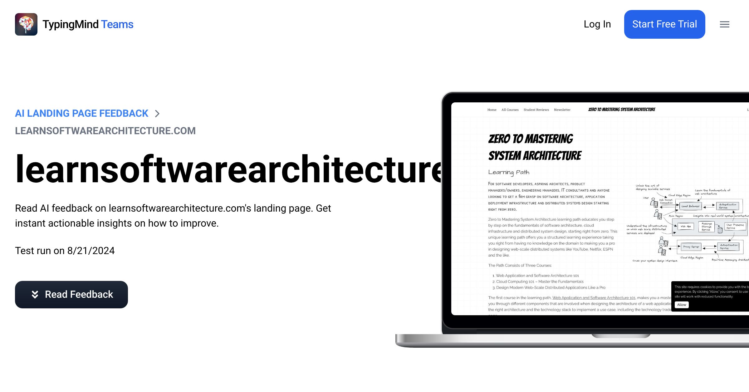 AI Landing Page Feedback for learnsoftwarearchitecture.com