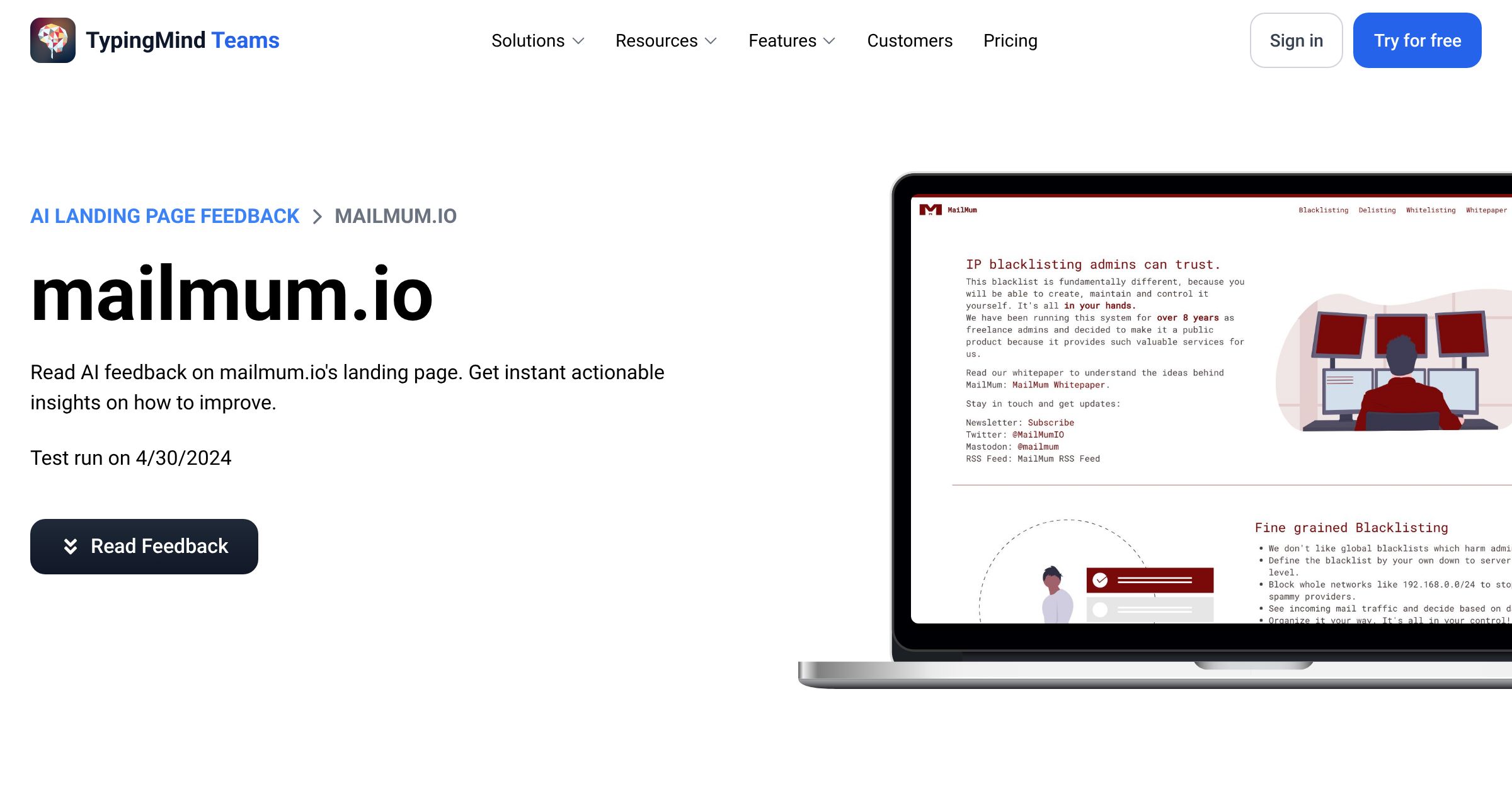 AI Landing Page Feedback for mailmum.io