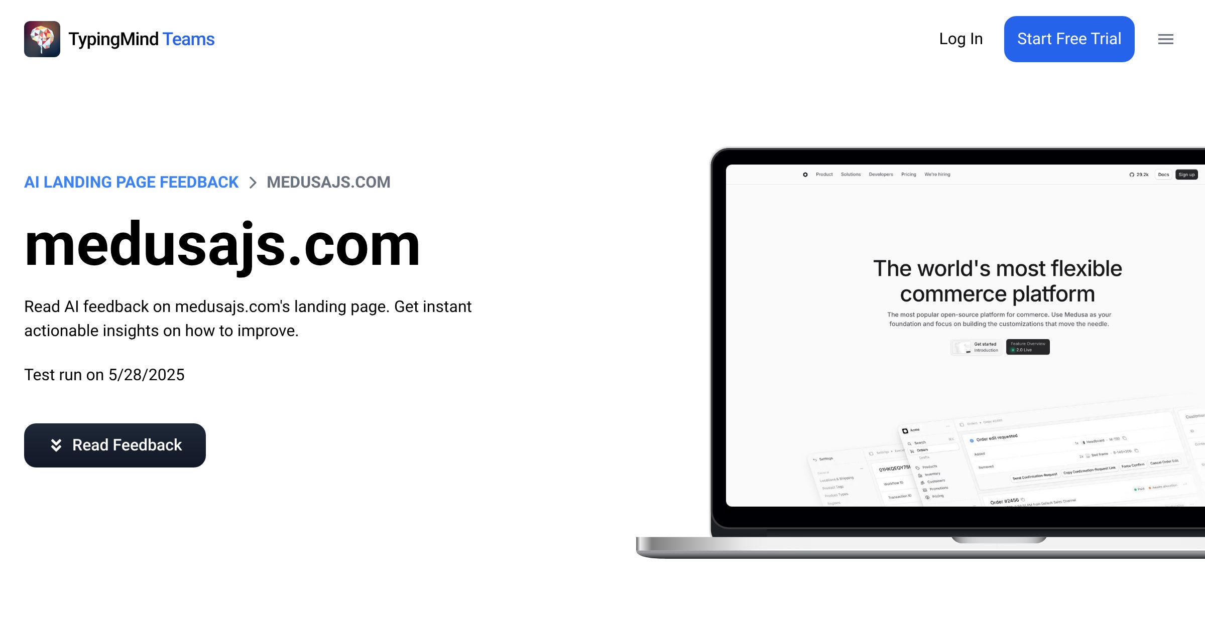 AI Landing Page Feedback for medusajs.com