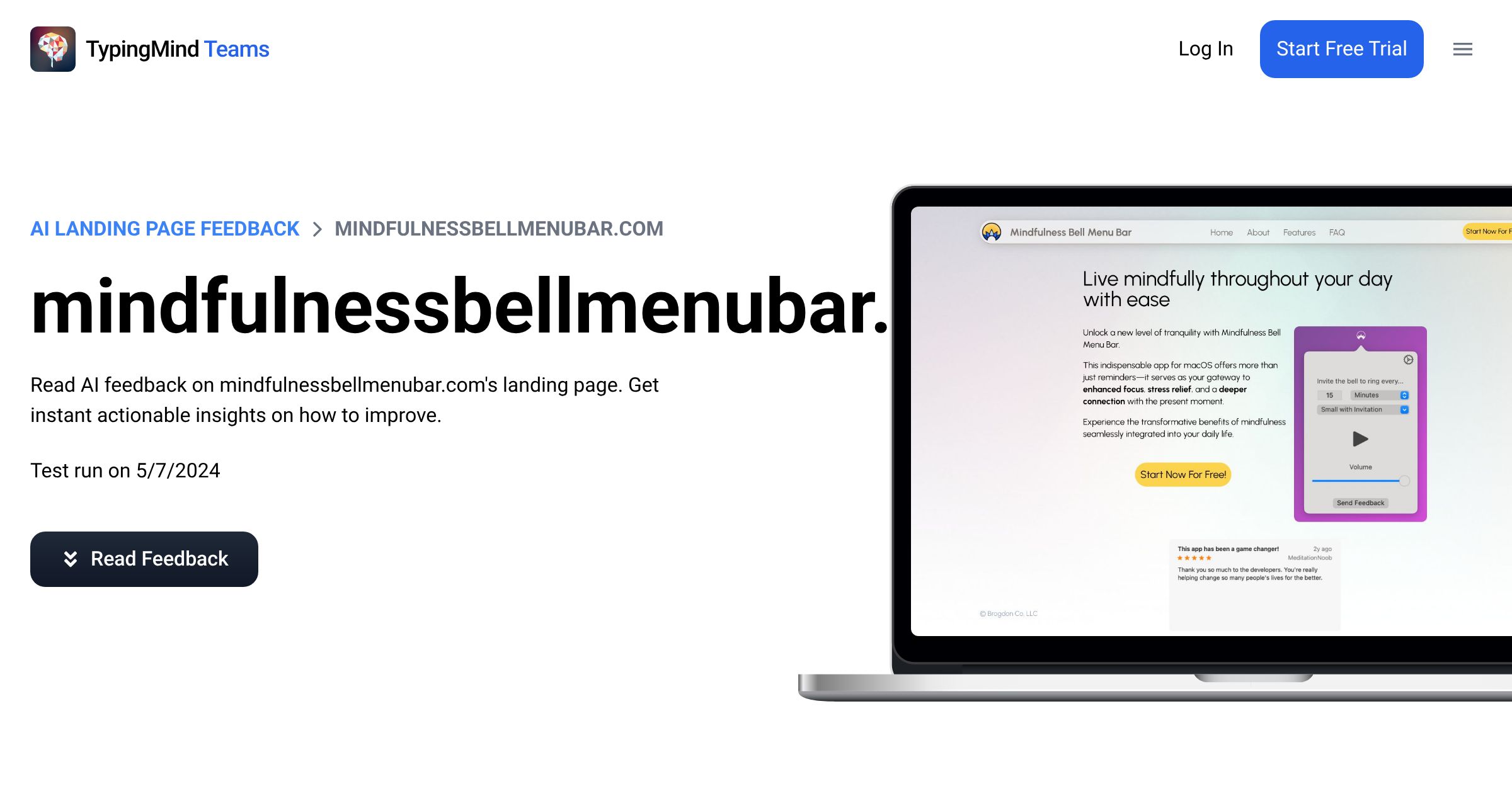 AI Landing Page Feedback for mindfulnessbellmenubar.com