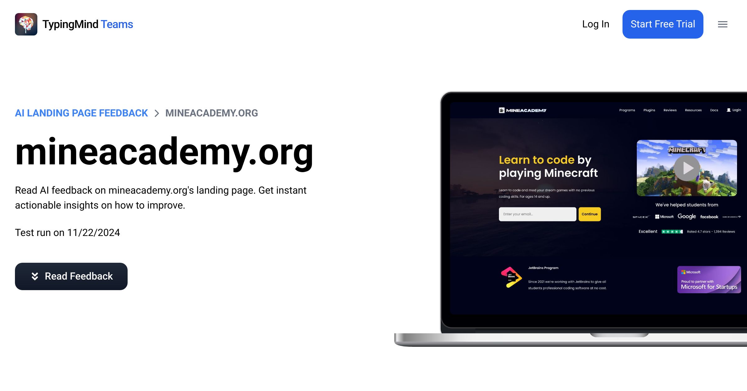 AI Landing Page Feedback for mineacademy.org