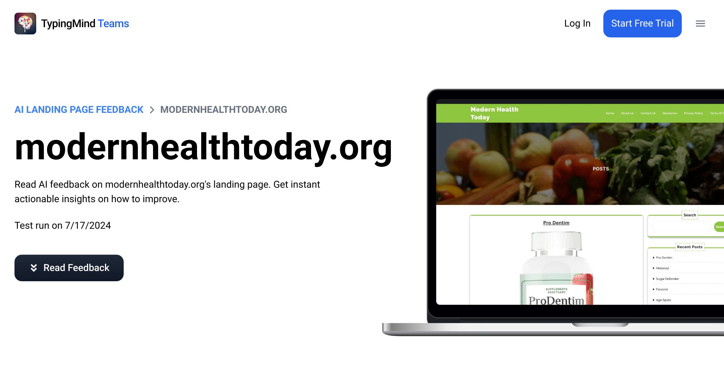 AI Landing Page Feedback for modernhealthtoday.org