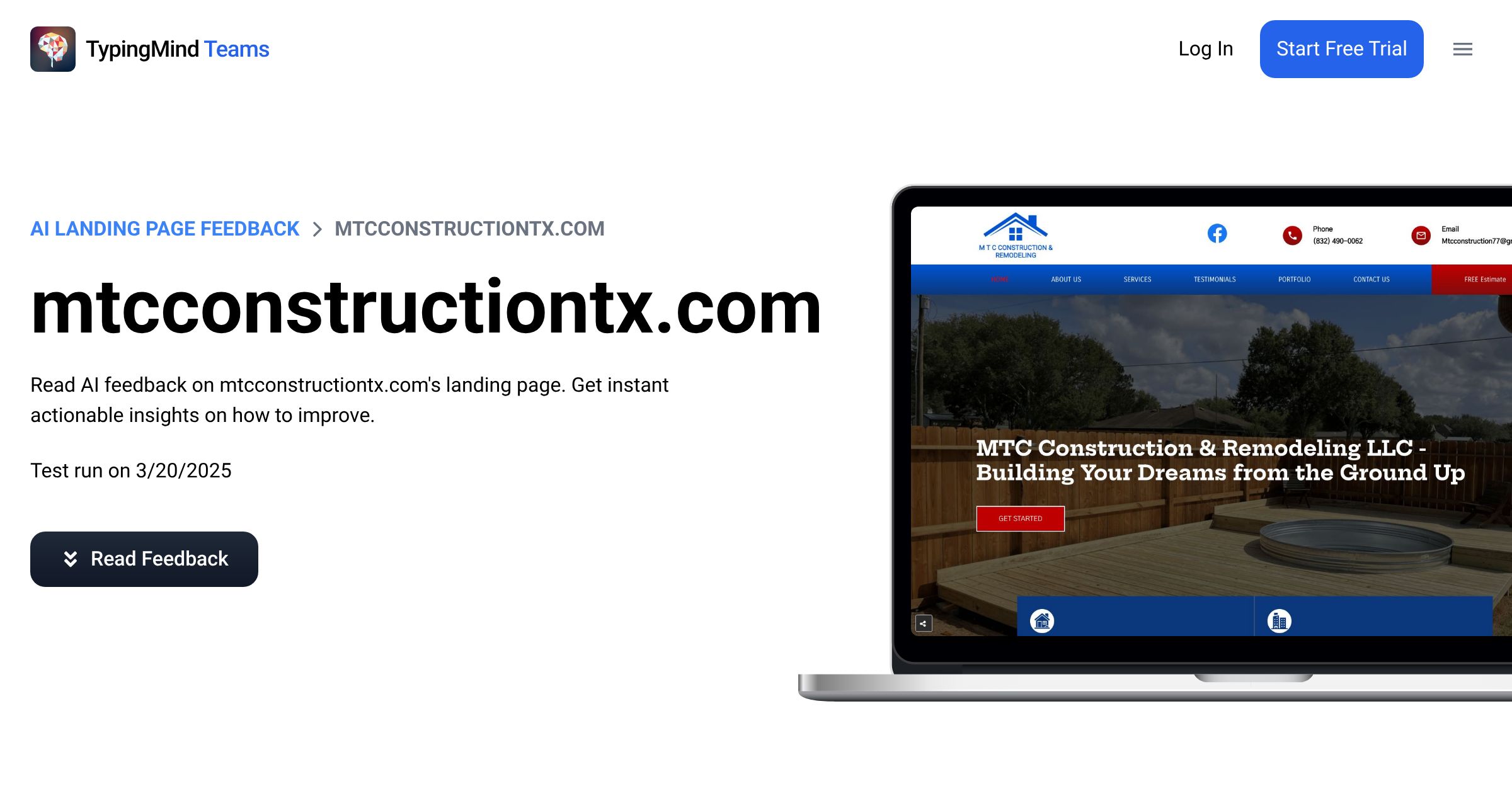 AI Landing Page Feedback for mtcconstructiontx.com