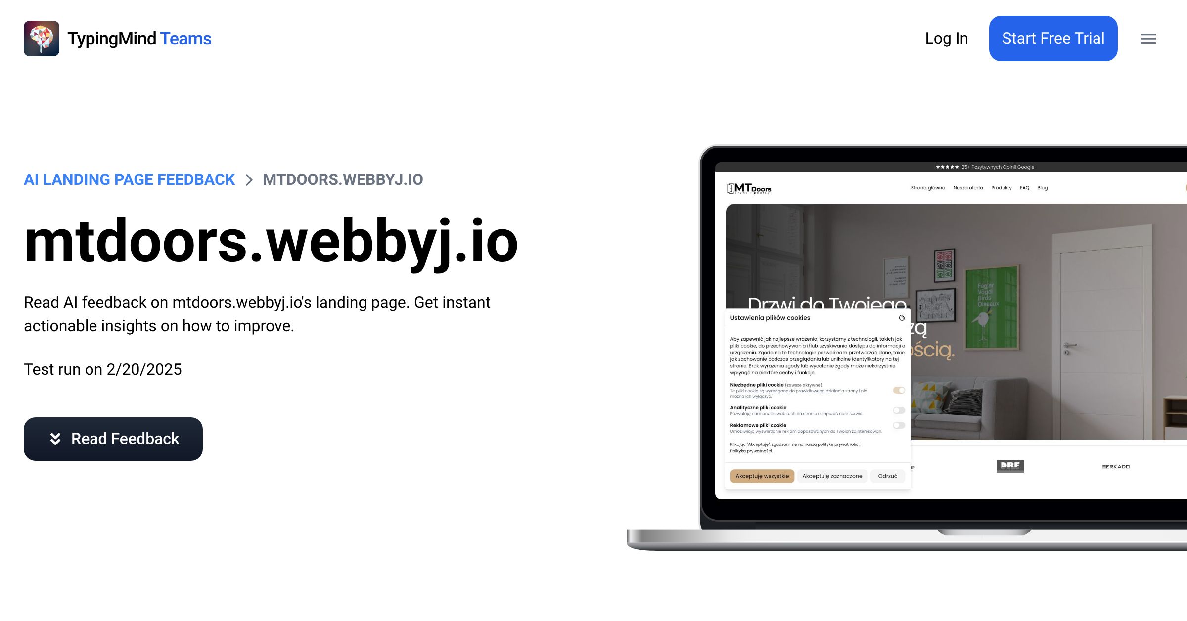 AI Landing Page Feedback for mtdoors.webbyj.io