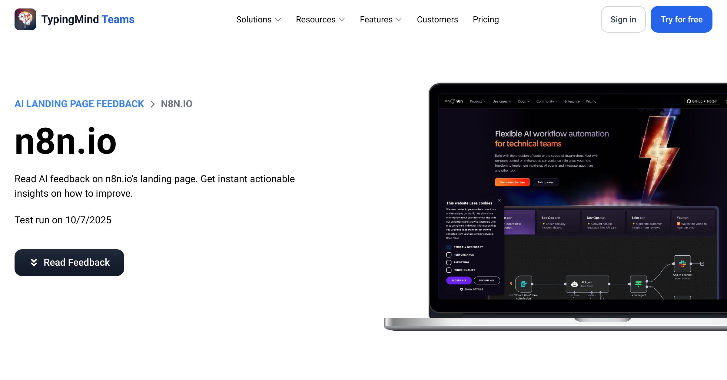 AI Landing Page Feedback for n8n.io