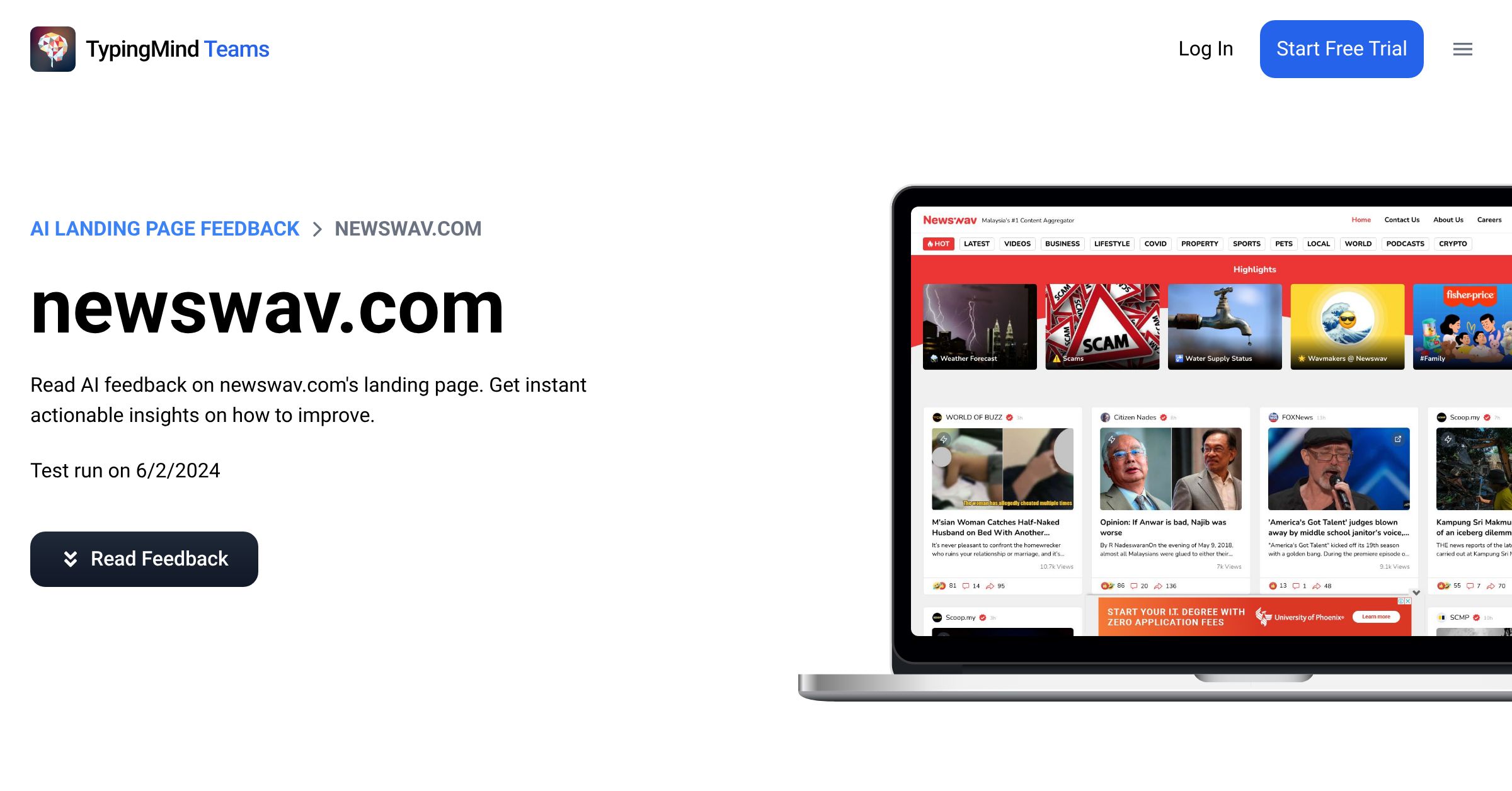 AI Landing Page Feedback for newswav.com
