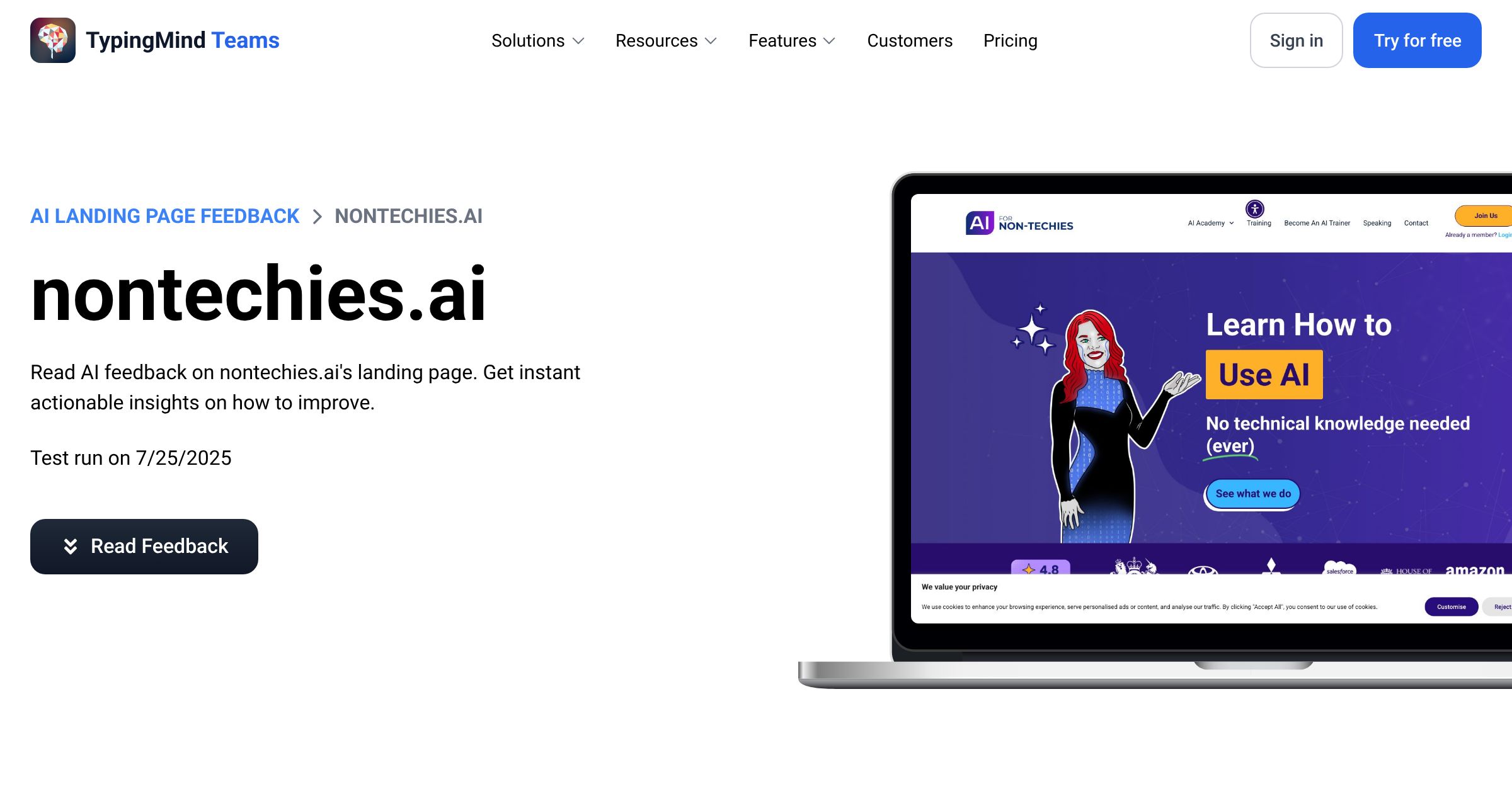 AI Landing Page Feedback for nontechies.ai