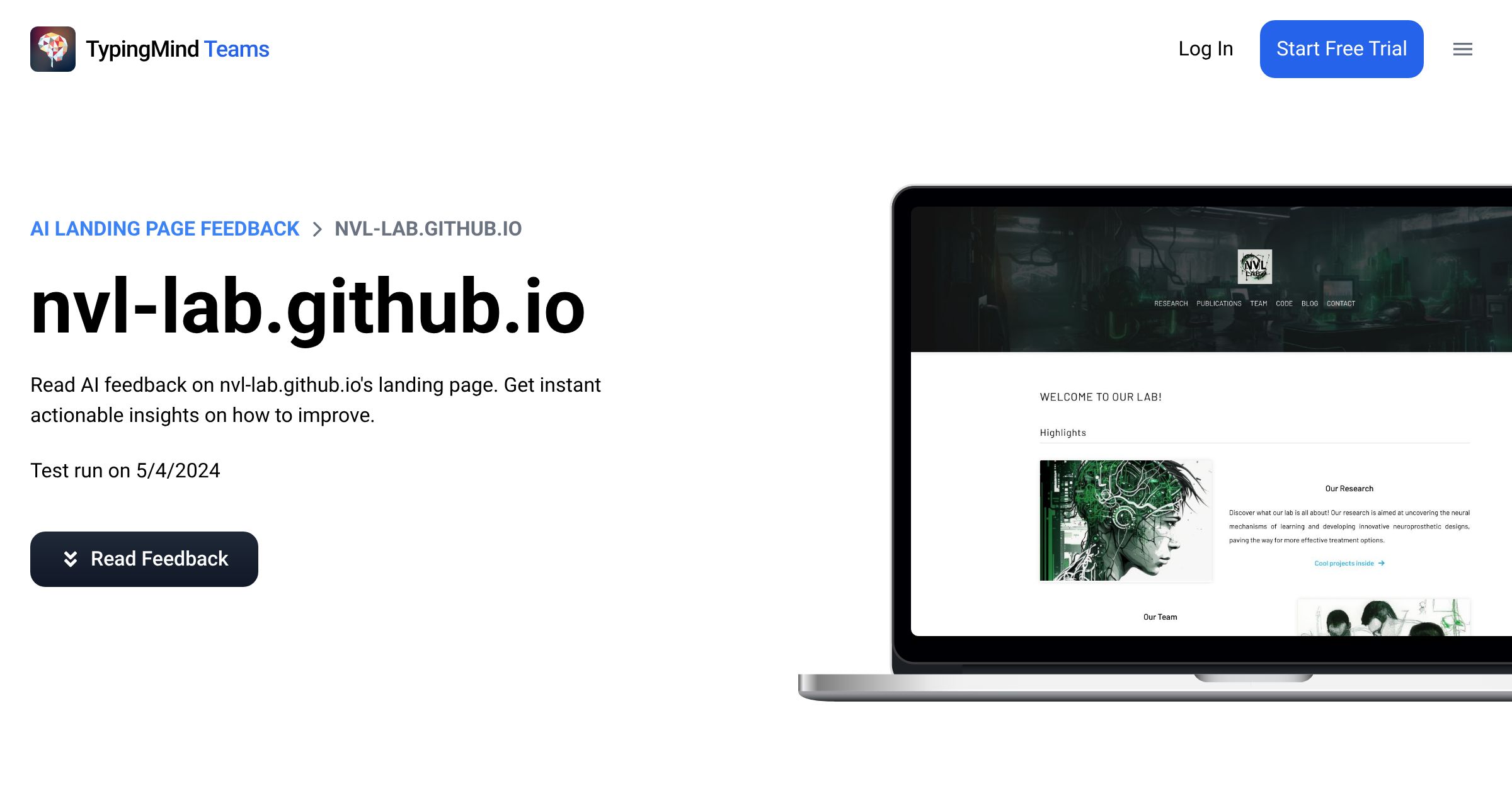 AI Landing Page Feedback for nvl-lab.github.io