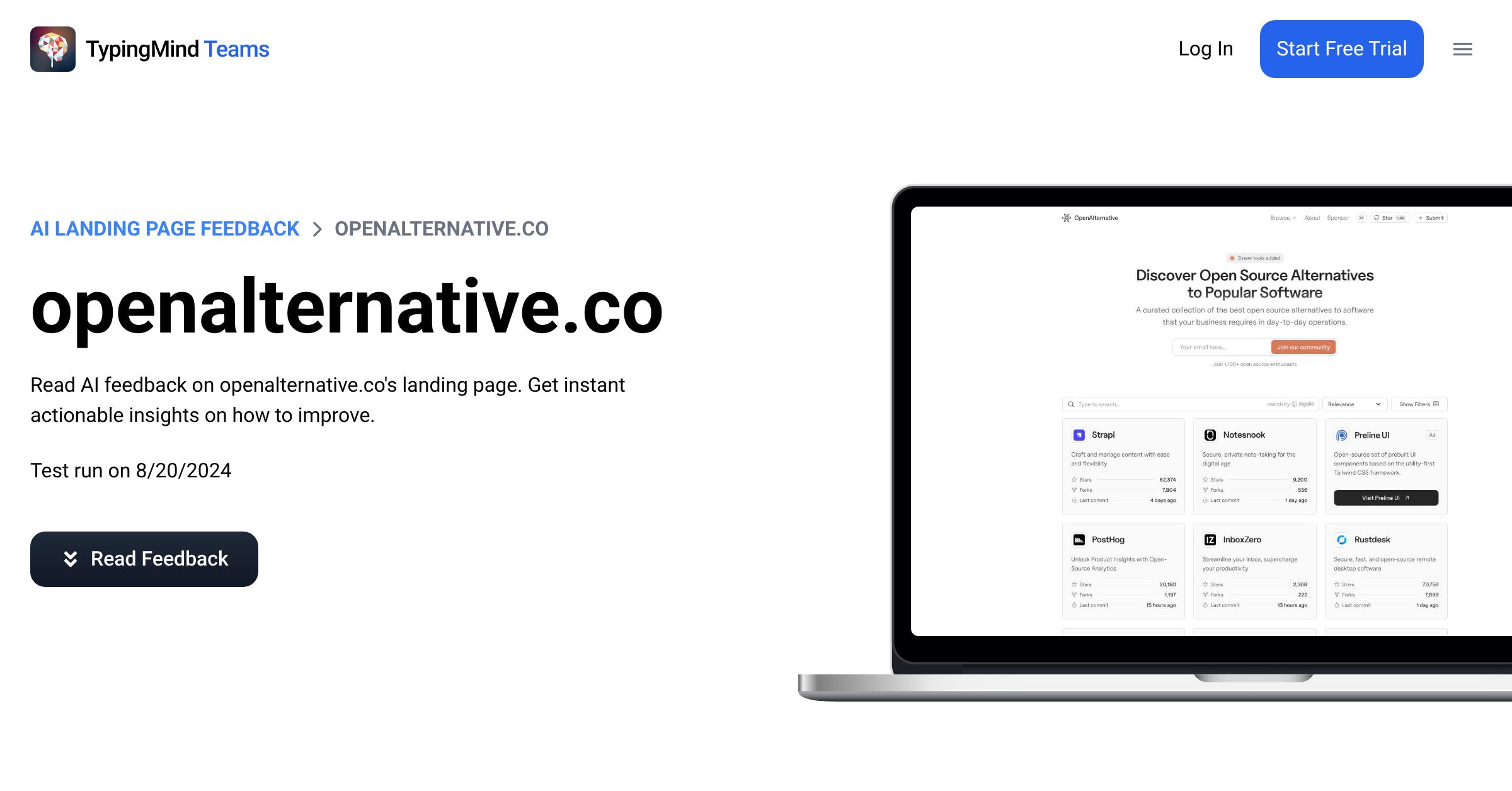 AI Landing Page Feedback for openalternative.co
