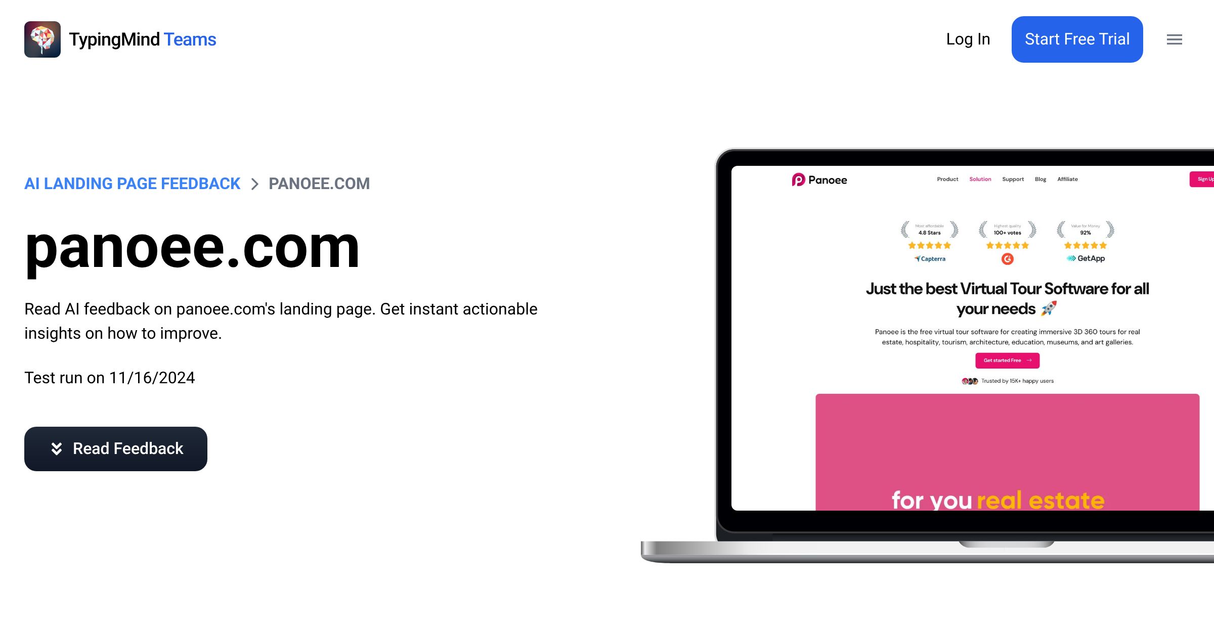 AI Landing Page Feedback for panoee.com
