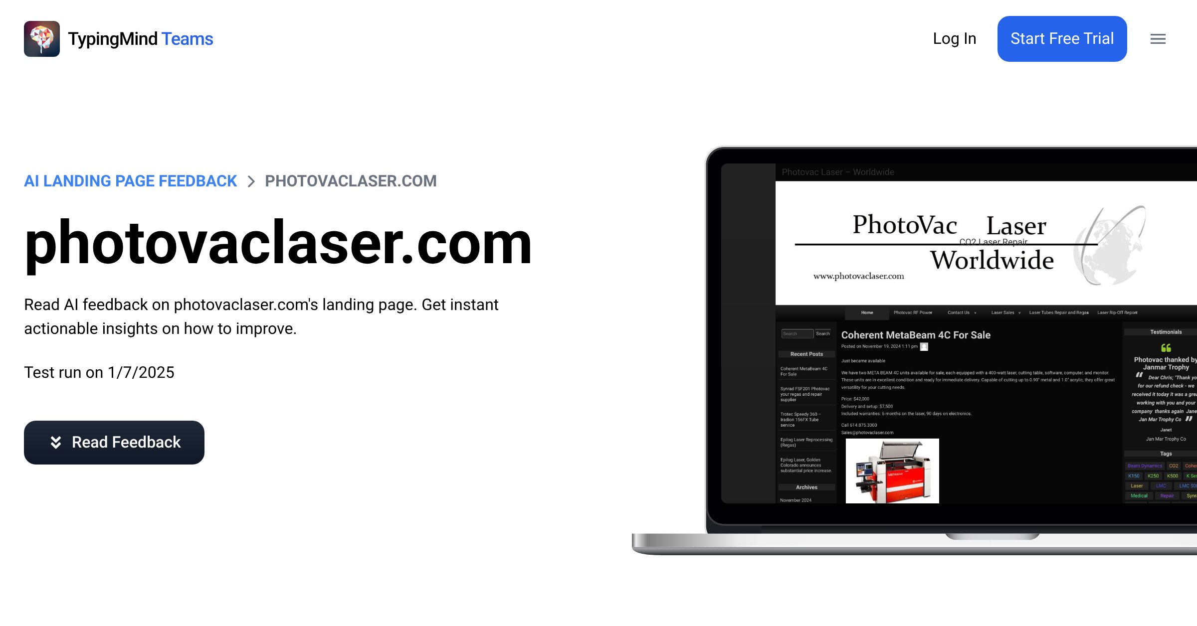 AI Landing Page Feedback for photovaclaser.com