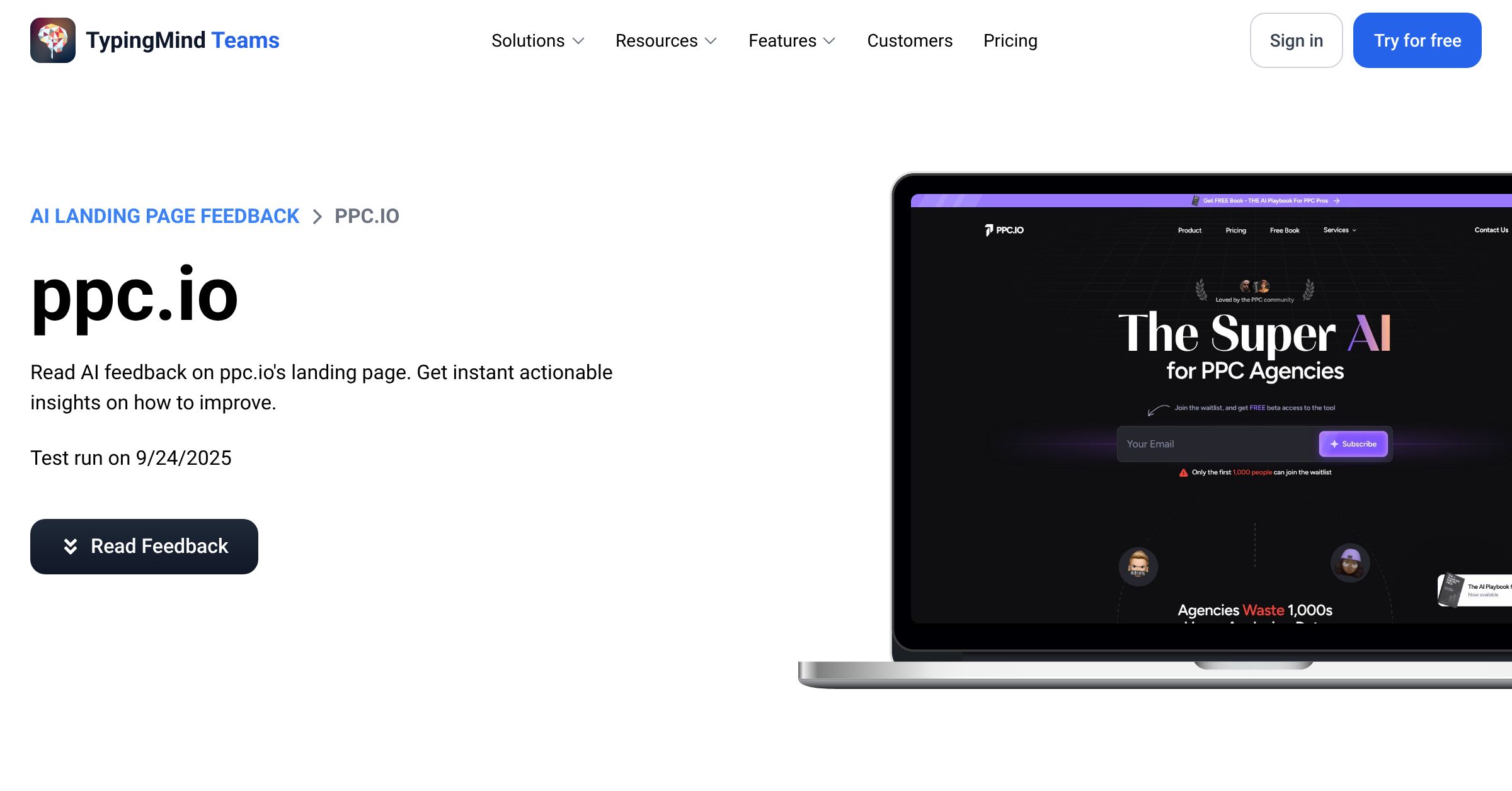 AI Landing Page Feedback for ppc.io