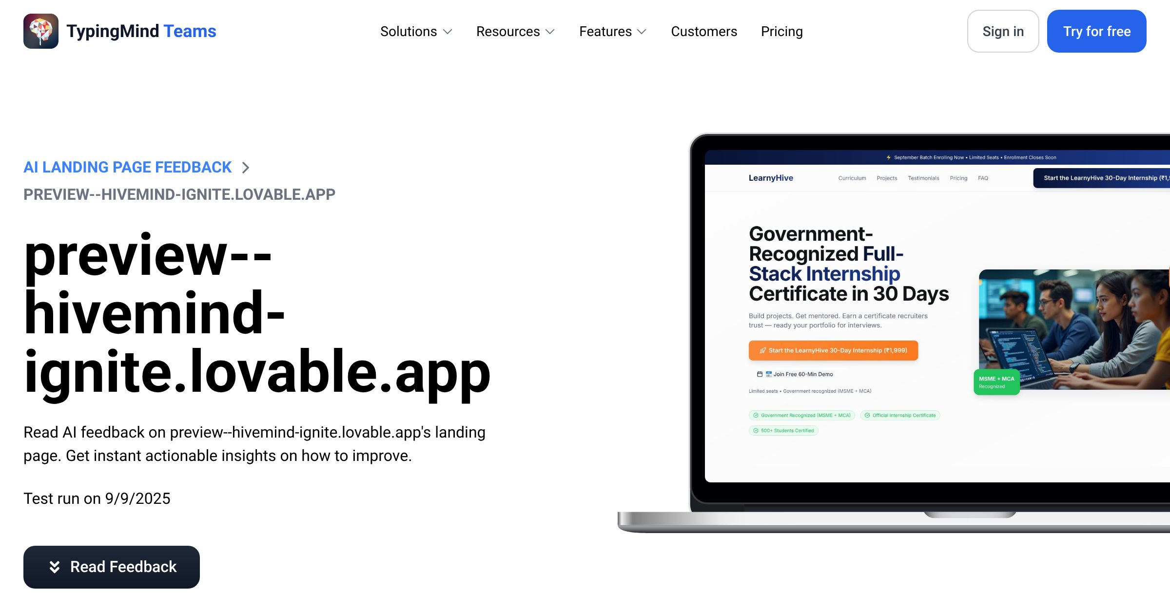 AI Landing Page Feedback for preview--hivemind-ignite.lovable.app
