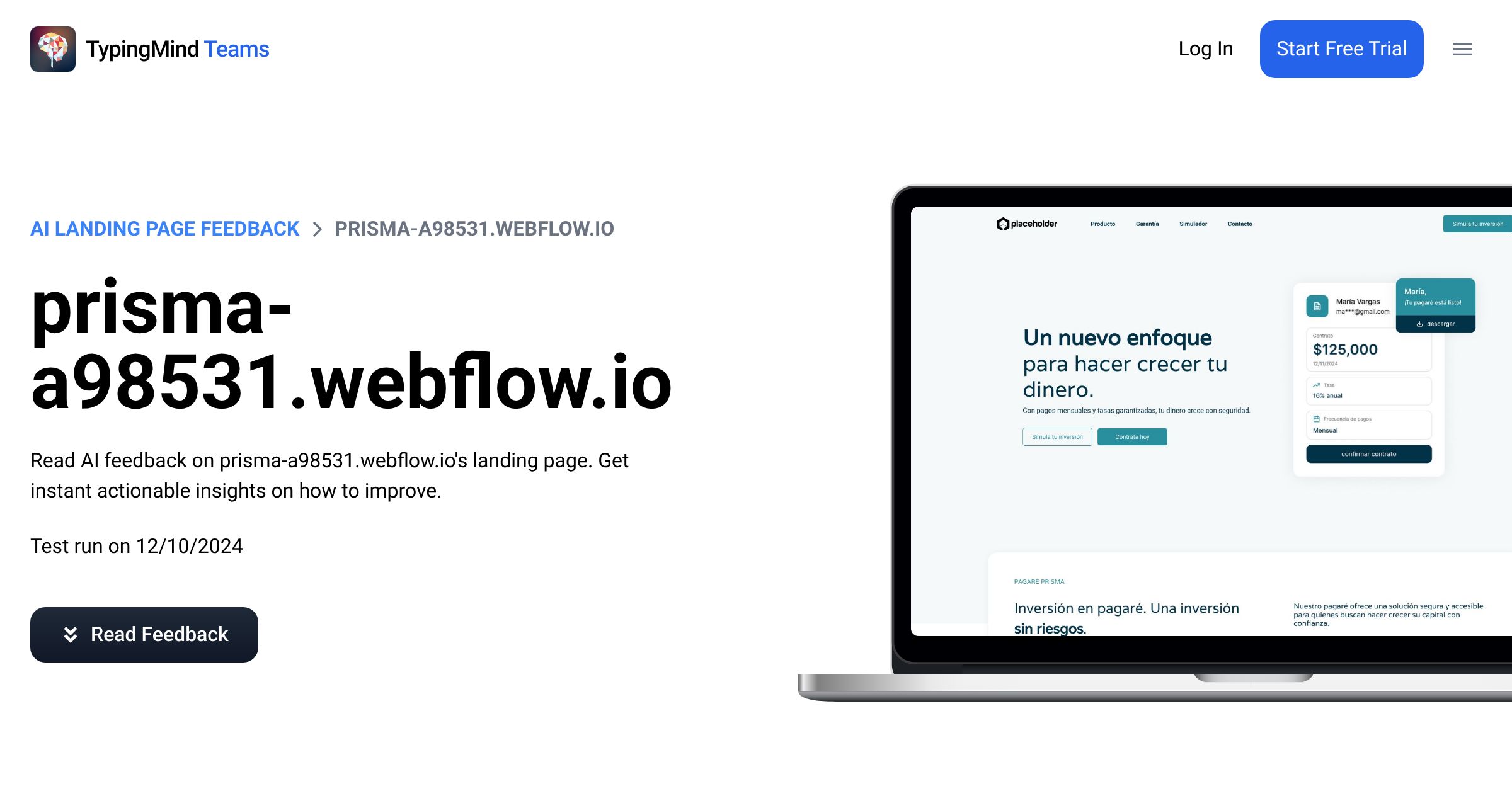 AI Landing Page Feedback for prisma-a98531.webflow.io