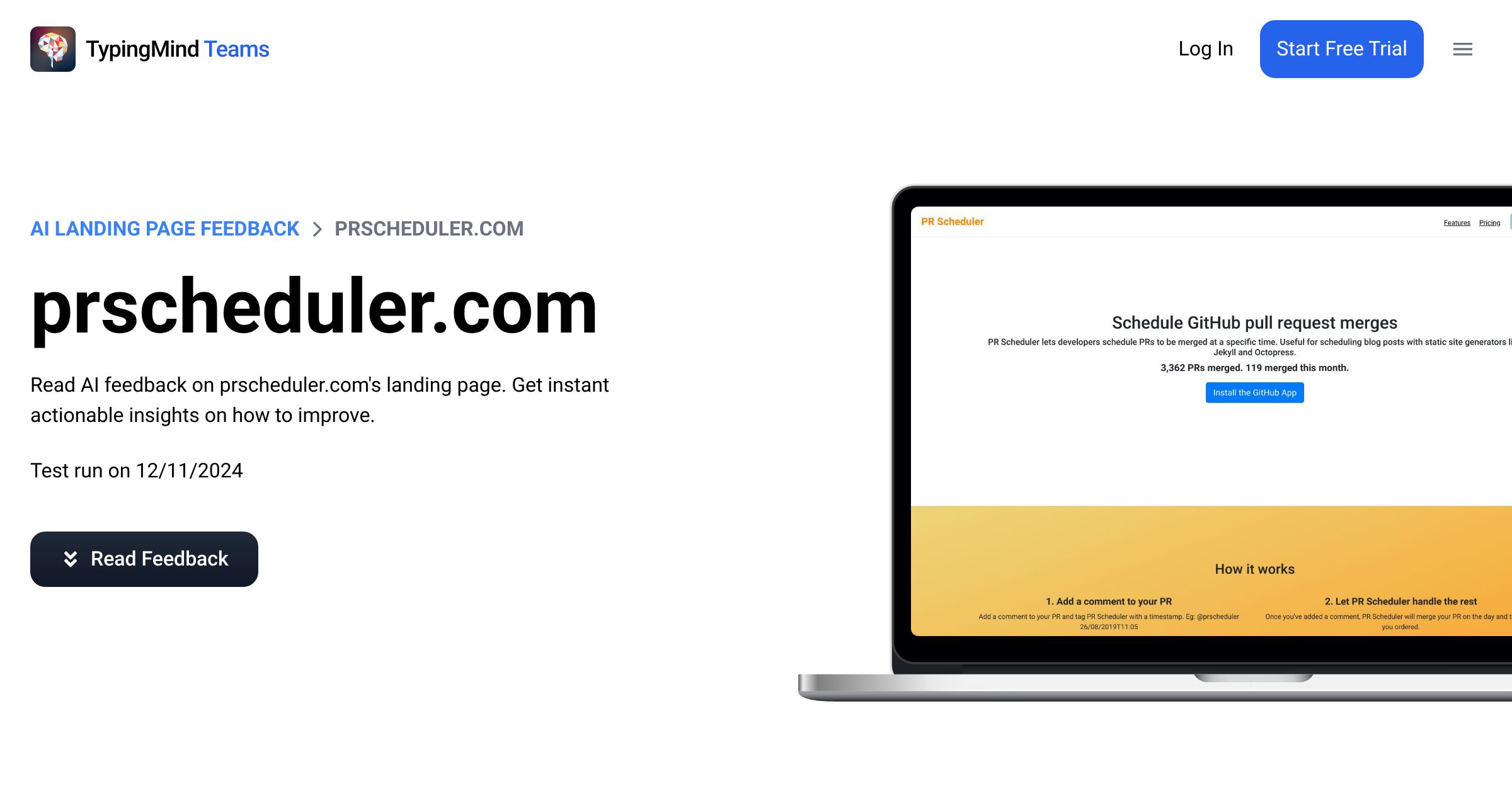 AI Landing Page Feedback for prscheduler.com