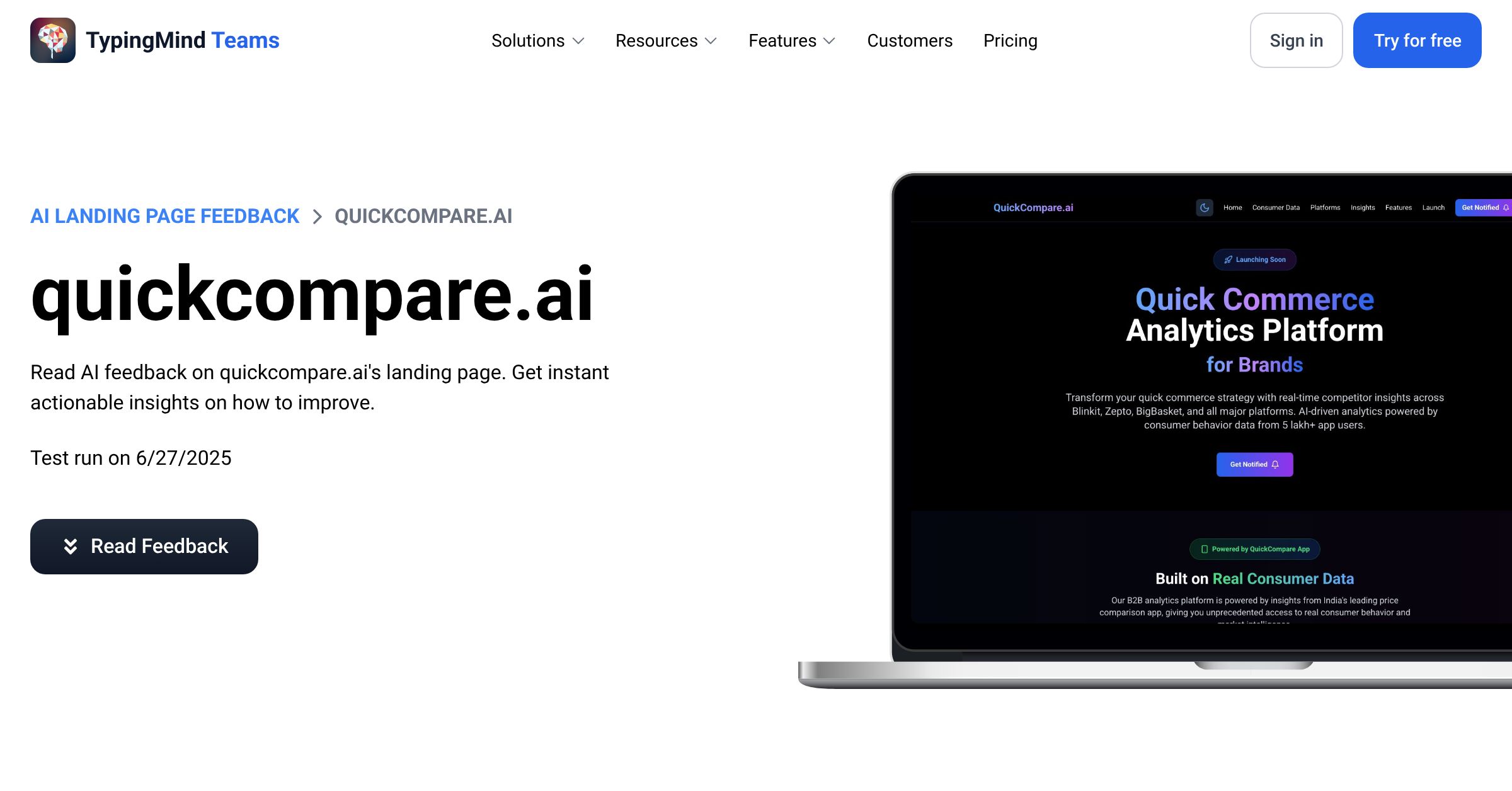 AI Landing Page Feedback for quickcompare.ai