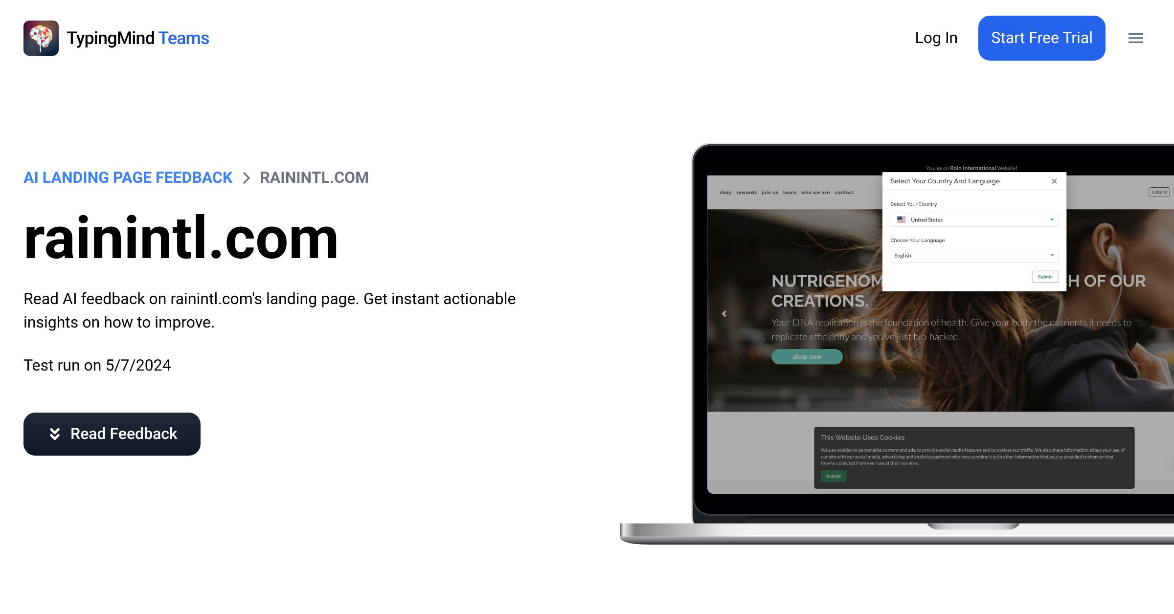 AI Landing Page Feedback for rainintl.com