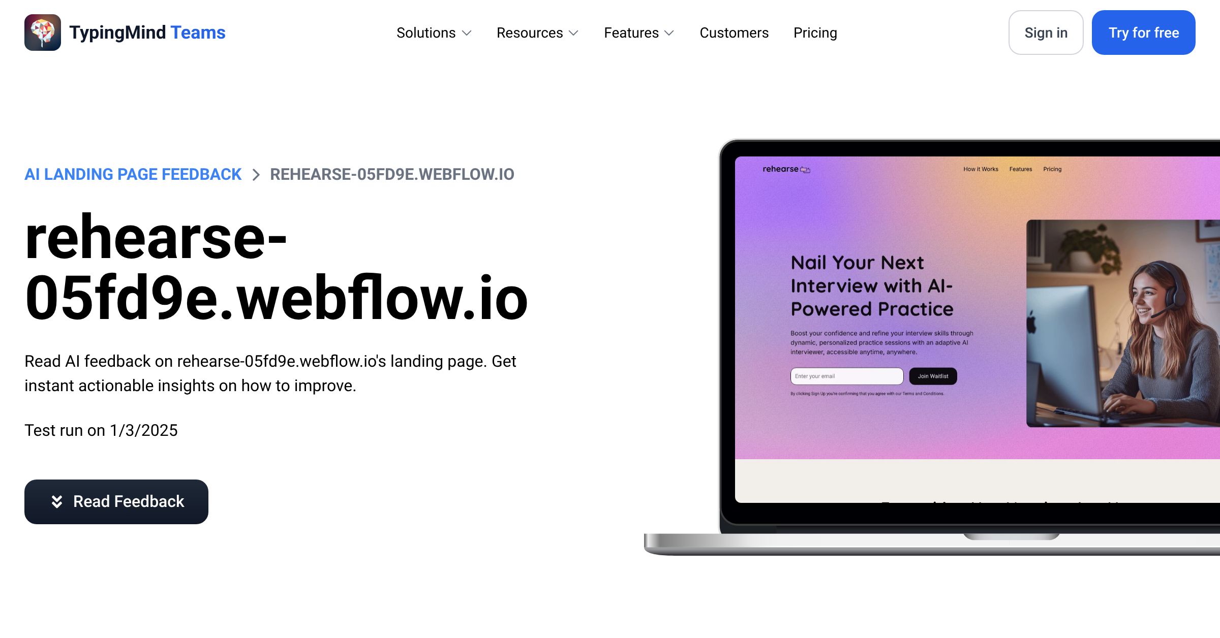 AI Landing Page Feedback for rehearse-05fd9e.webflow.io
