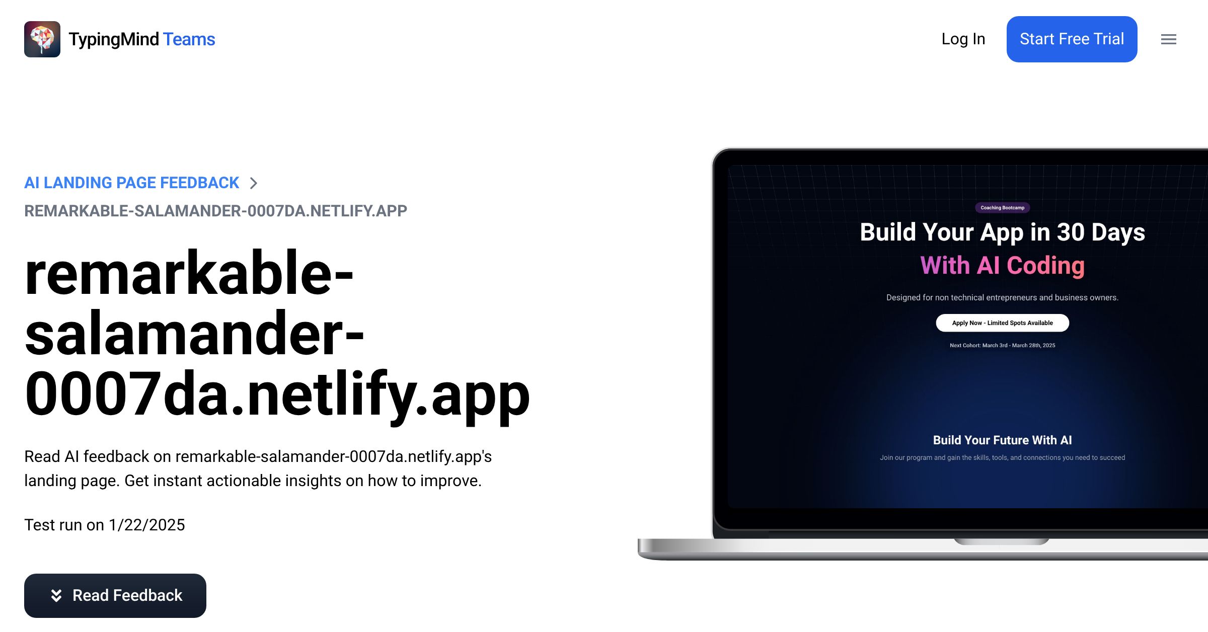 AI Landing Page Feedback for remarkable-salamander-0007da.netlify.app