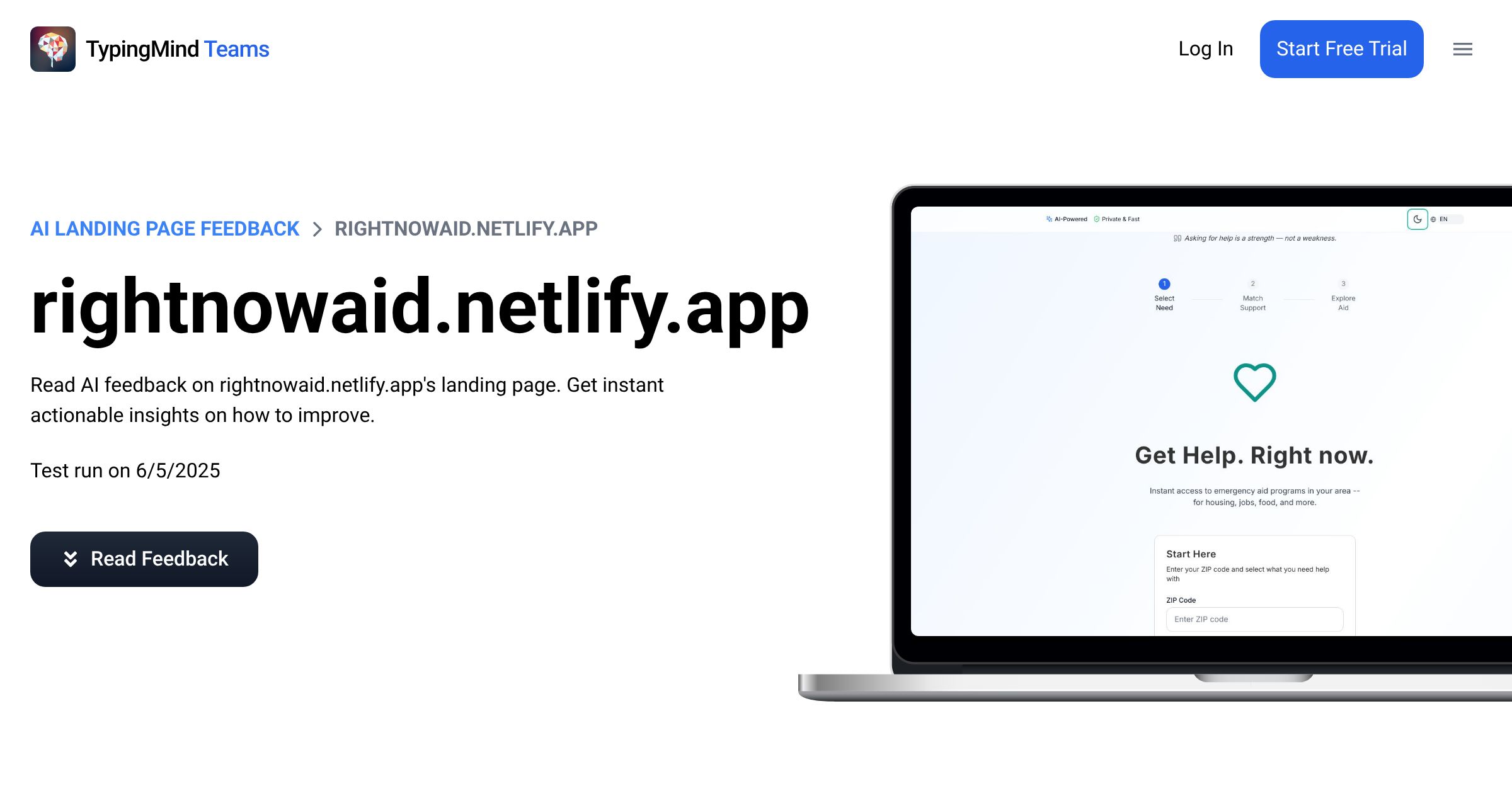 AI Landing Page Feedback for rightnowaid.netlify.app