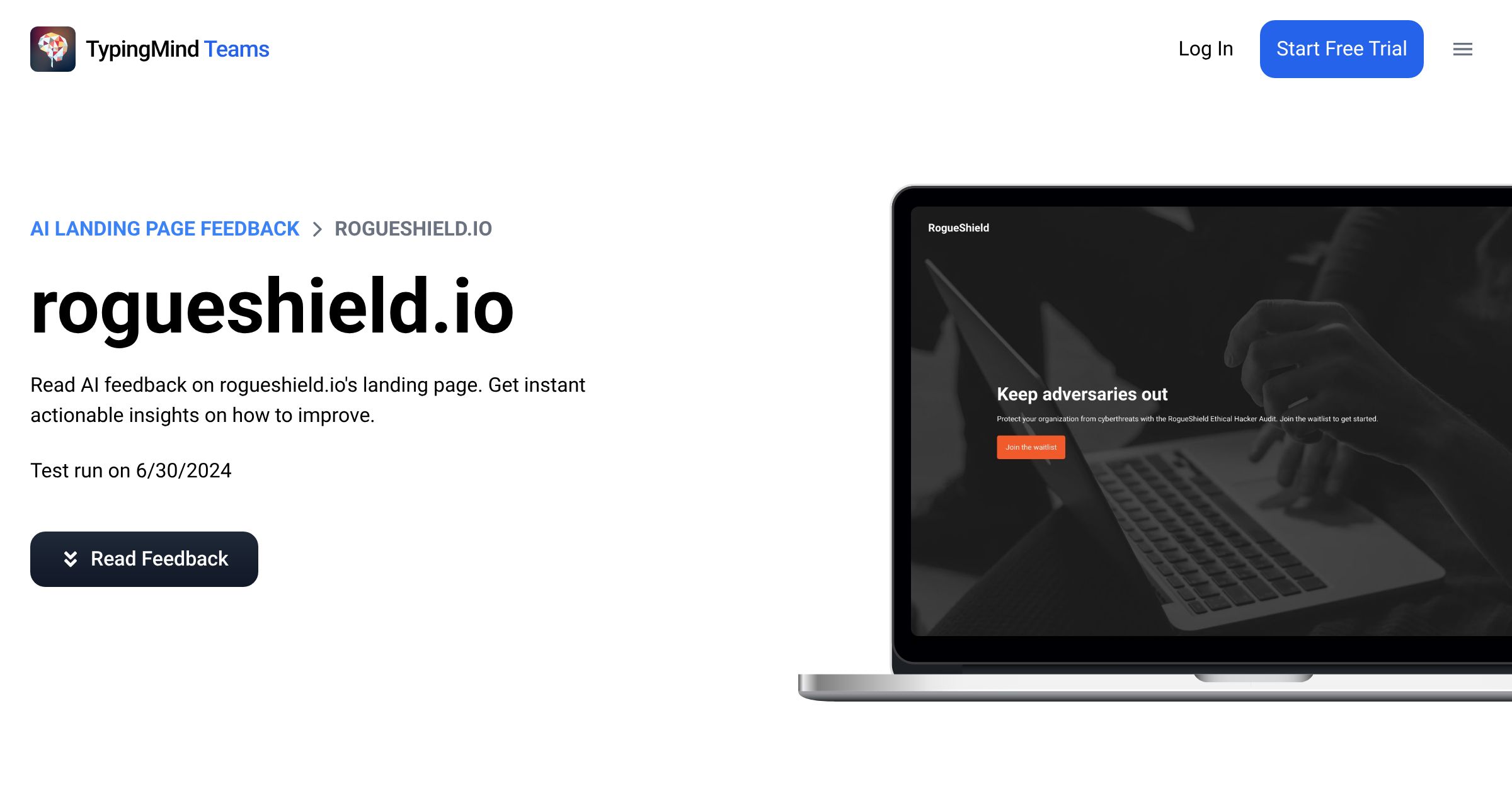 AI Landing Page Feedback for rogueshield.io