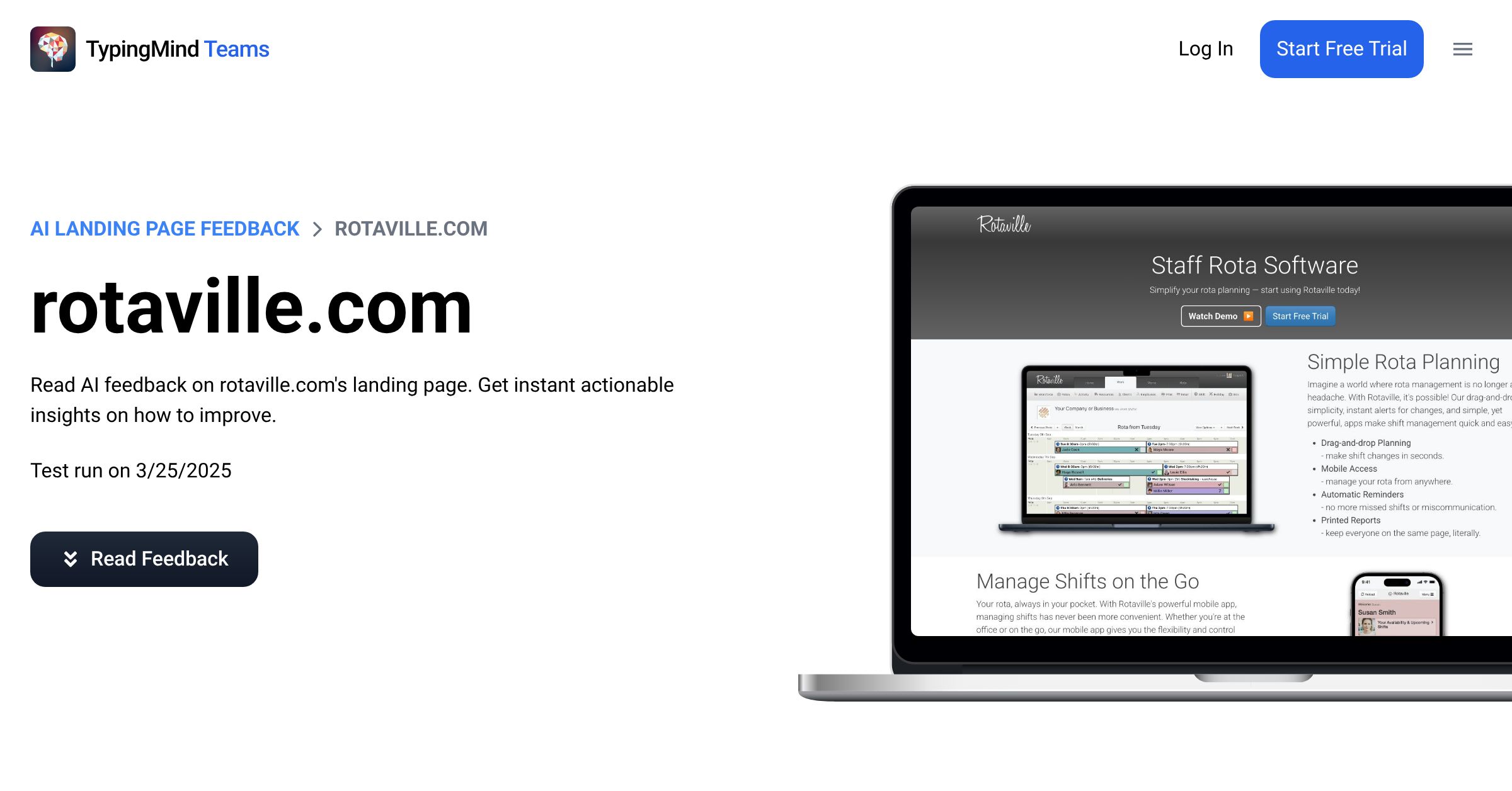 AI Landing Page Feedback for rotaville.com