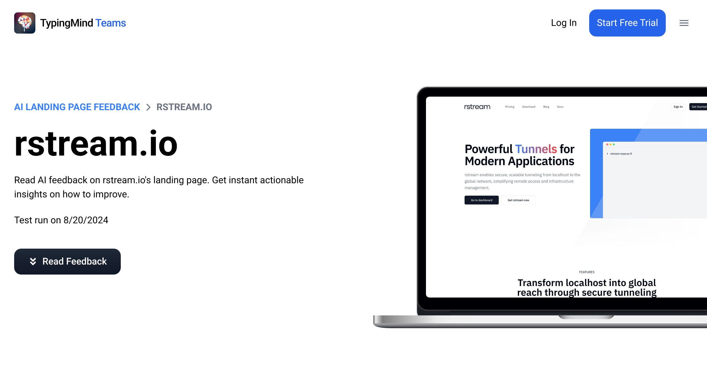 AI Landing Page Feedback for rstream.io