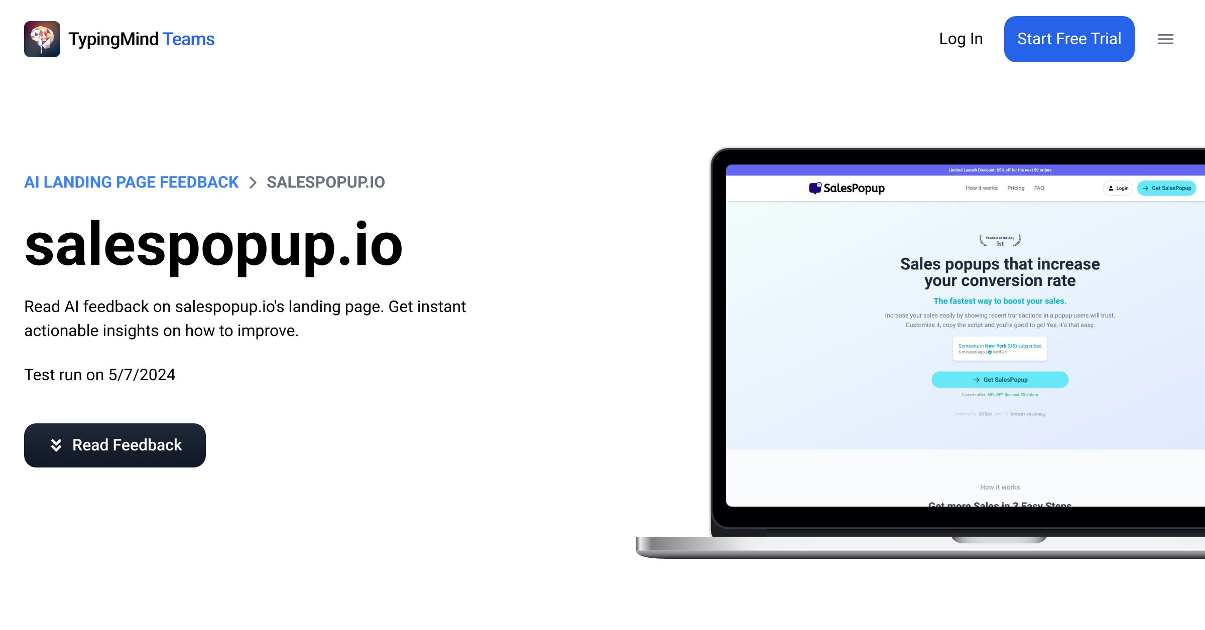AI Landing Page Feedback for salespopup.io