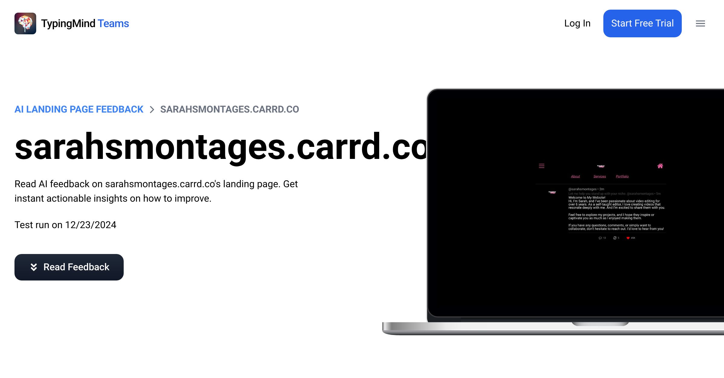 AI Landing Page Feedback for sarahsmontages.carrd.co
