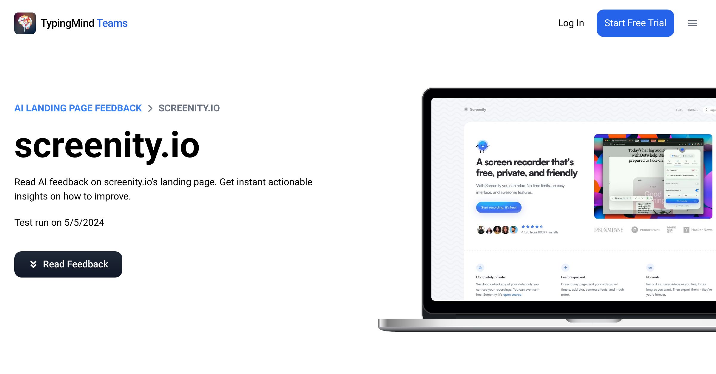AI Landing Page Feedback for screenity.io