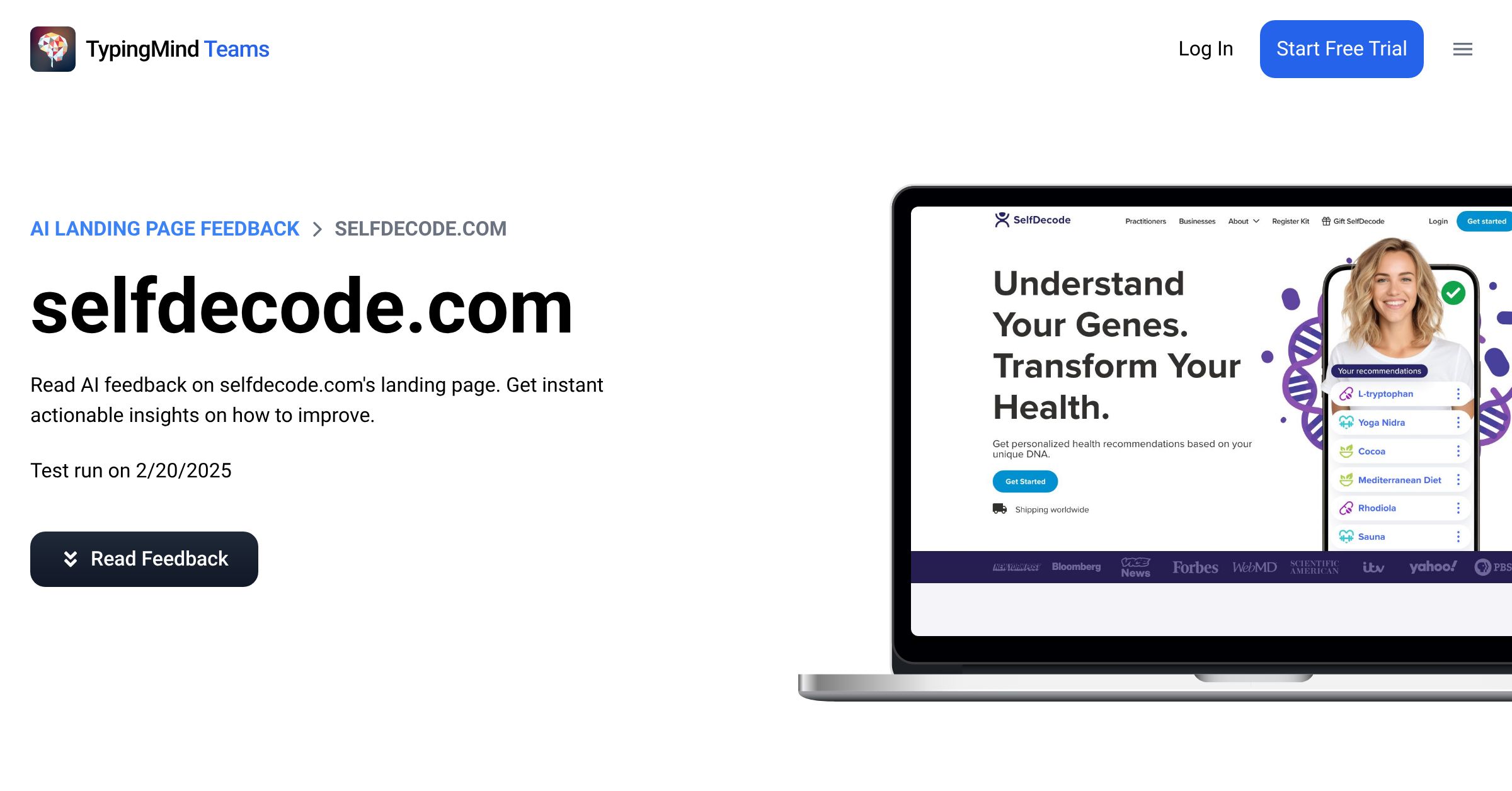 AI Landing Page Feedback for selfdecode.com