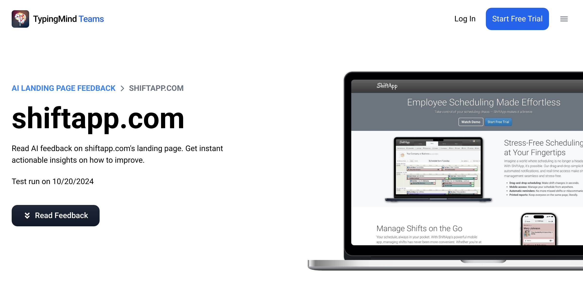 AI Landing Page Feedback for shiftapp.com