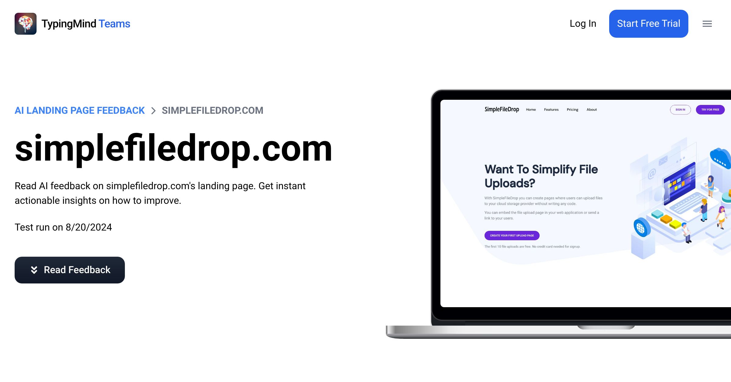 AI Landing Page Feedback for simplefiledrop.com