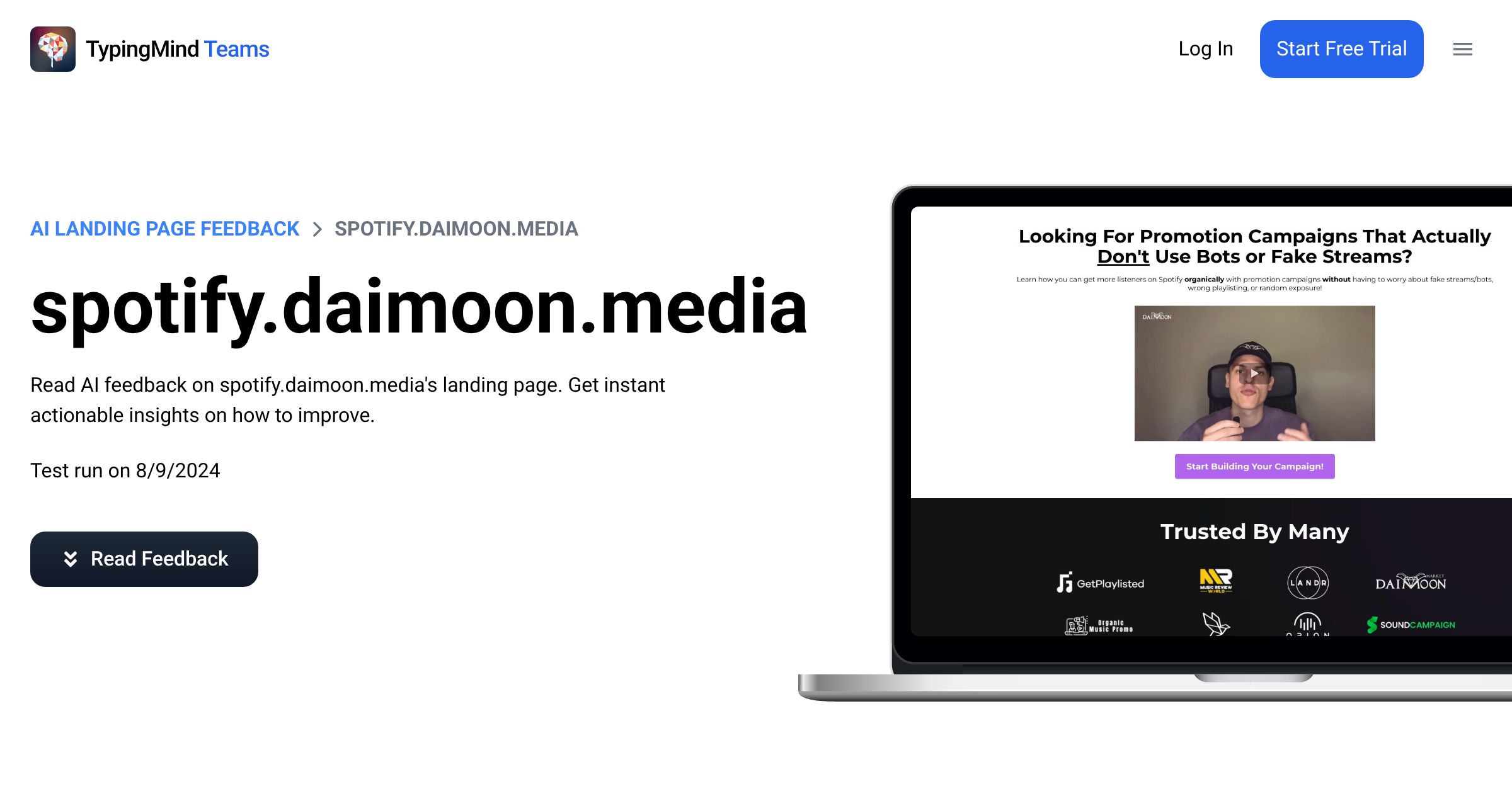 AI Landing Page Feedback for spotify.daimoon.media