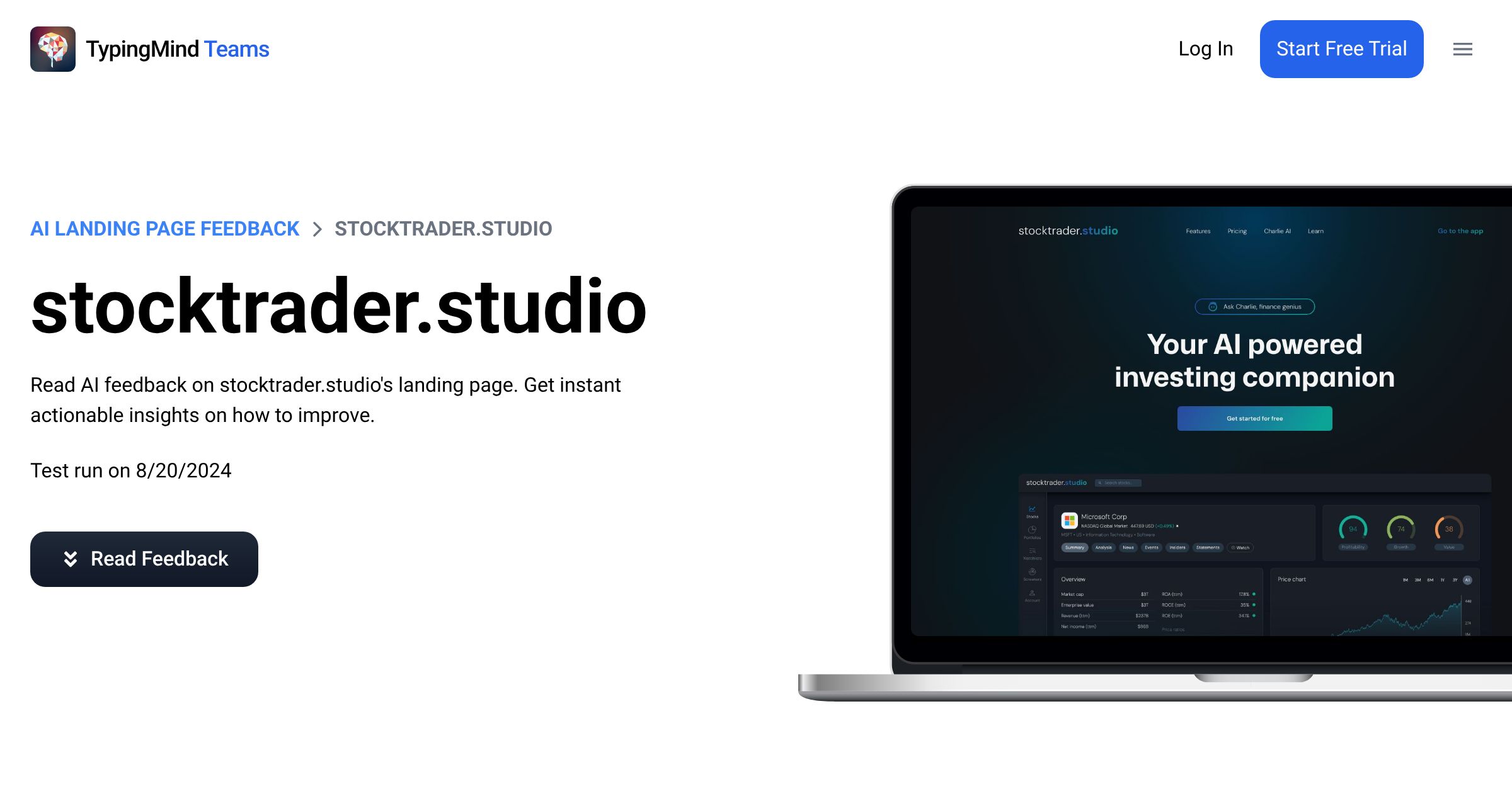 AI Landing Page Feedback for stocktrader.studio