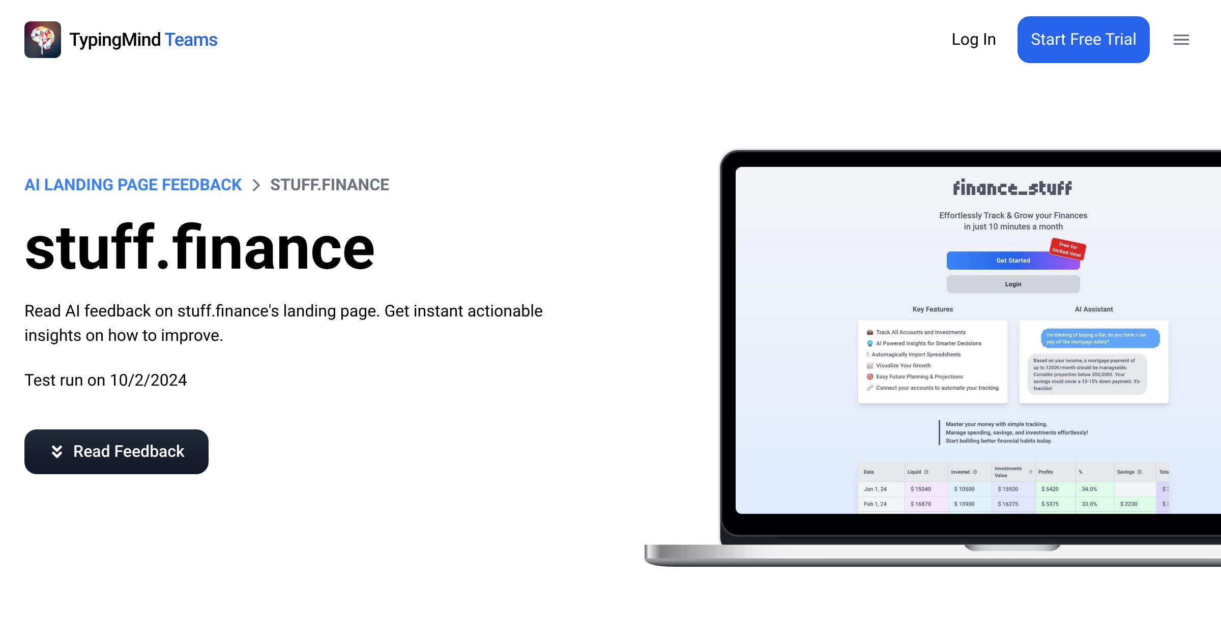 AI Landing Page Feedback for stuff.finance