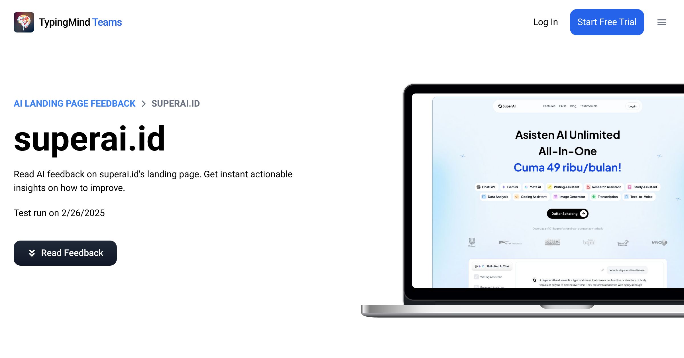 AI Landing Page Feedback for superai.id