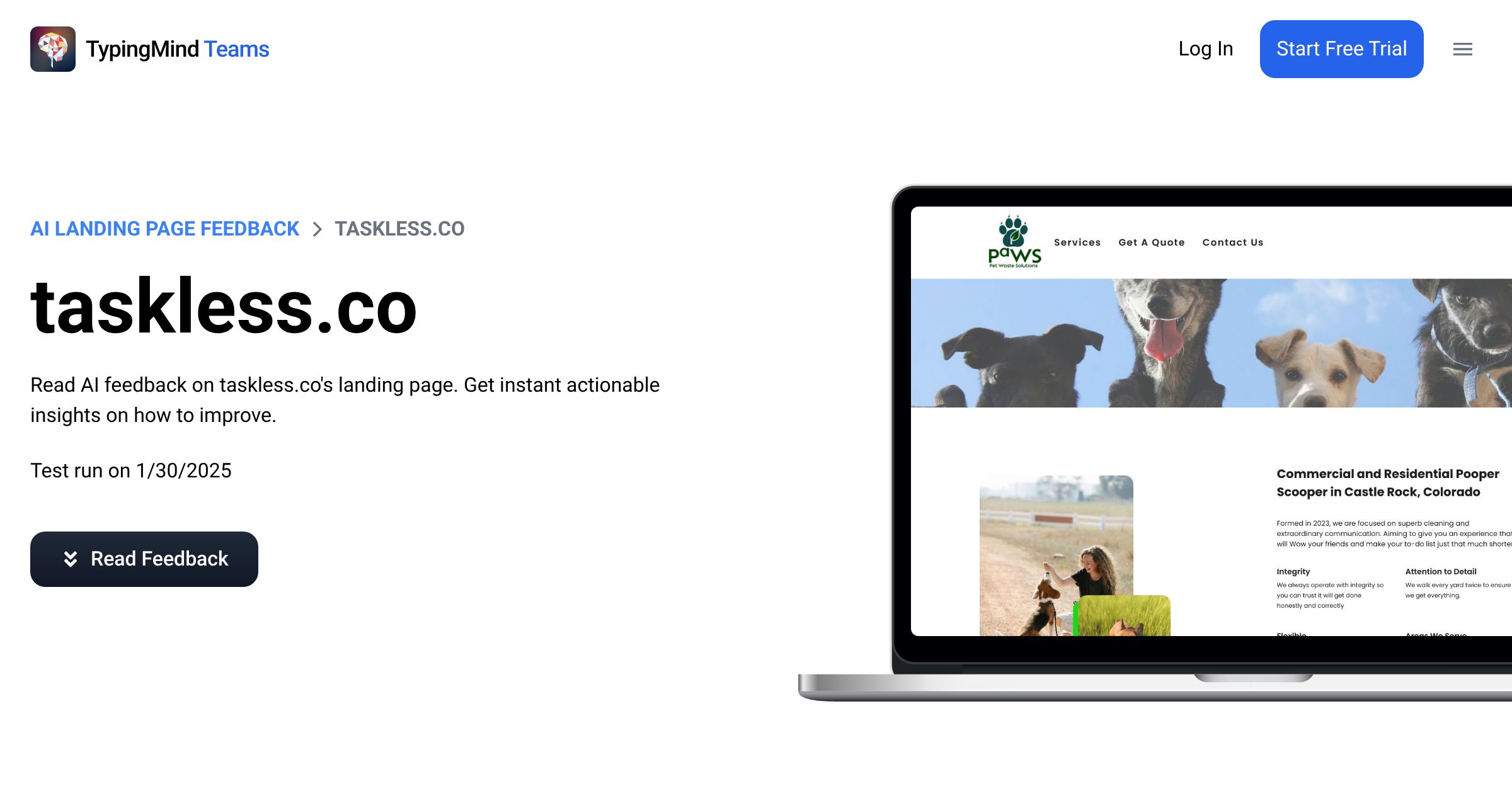 AI Landing Page Feedback for taskless.co