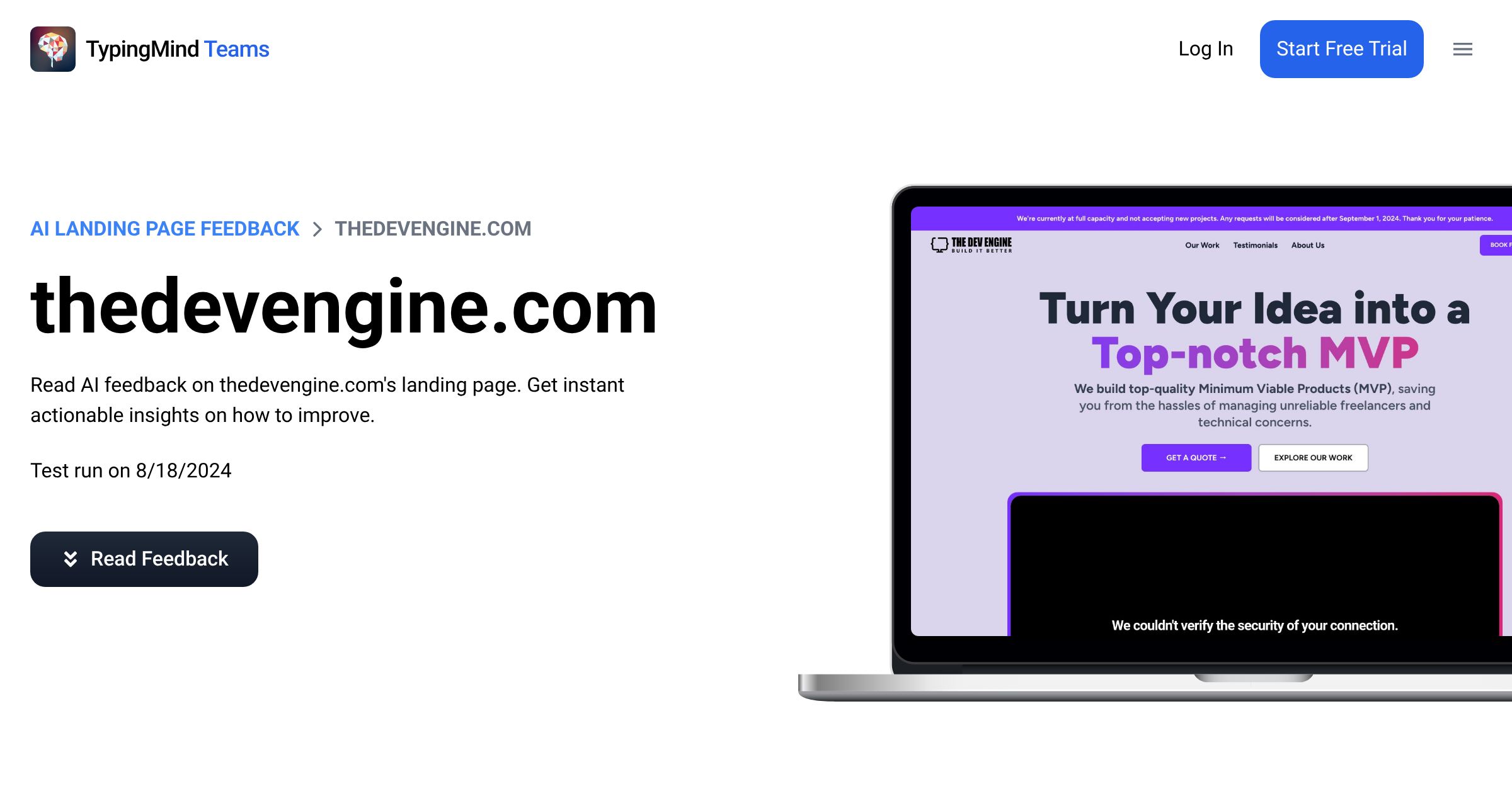 AI Landing Page Feedback for thedevengine.com