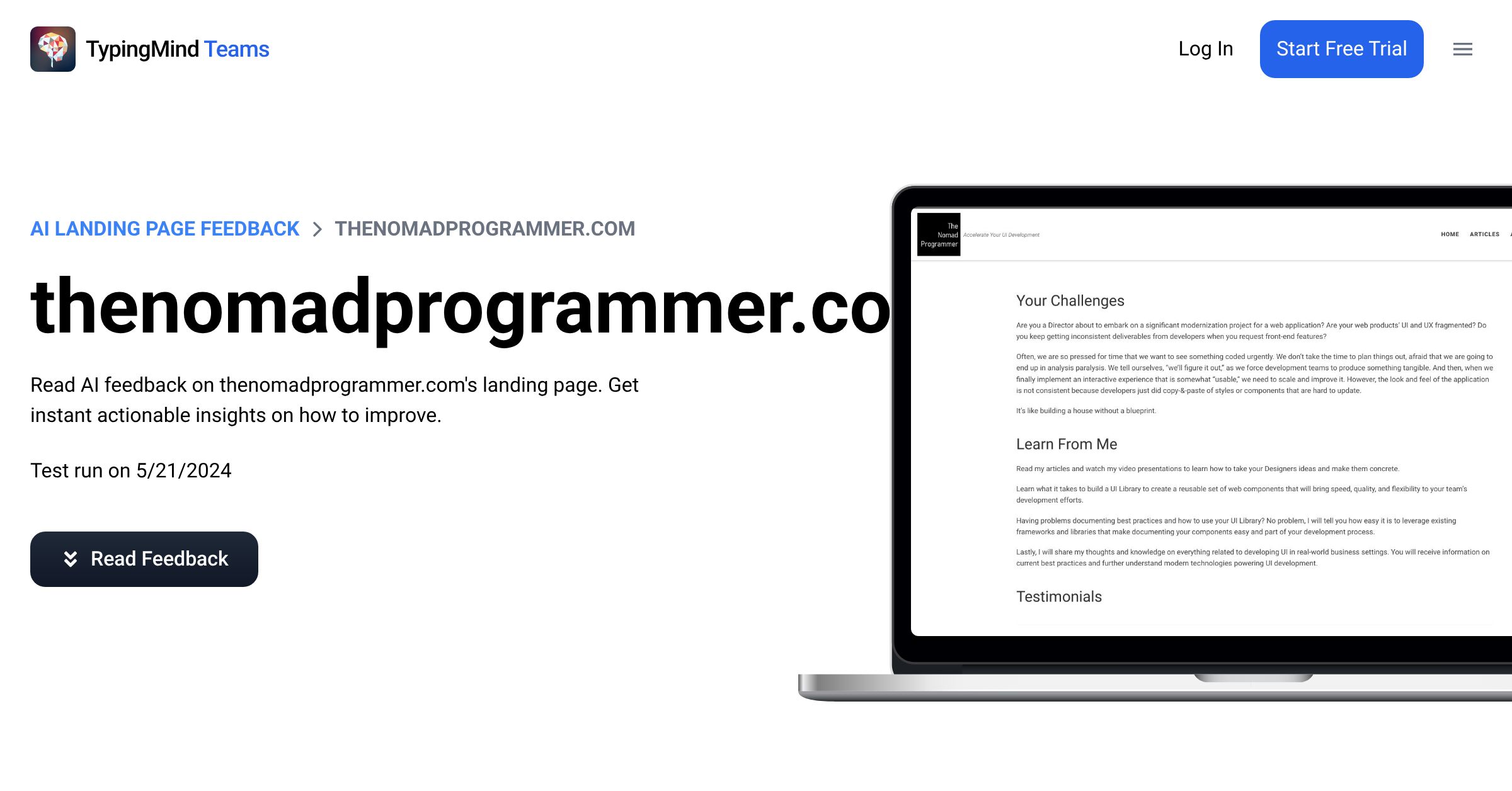 AI Landing Page Feedback for thenomadprogrammer.com