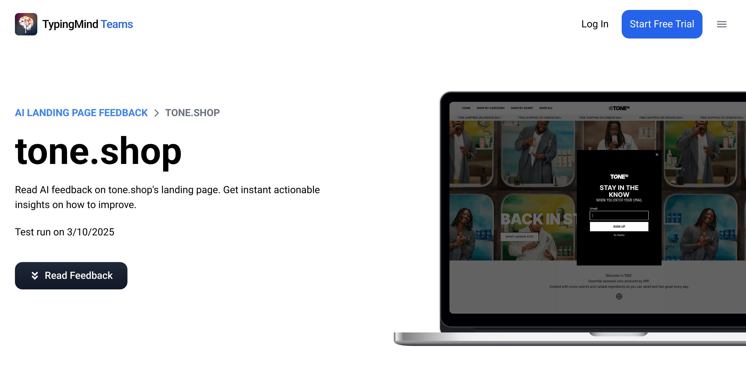 AI Landing Page Feedback for tone.shop