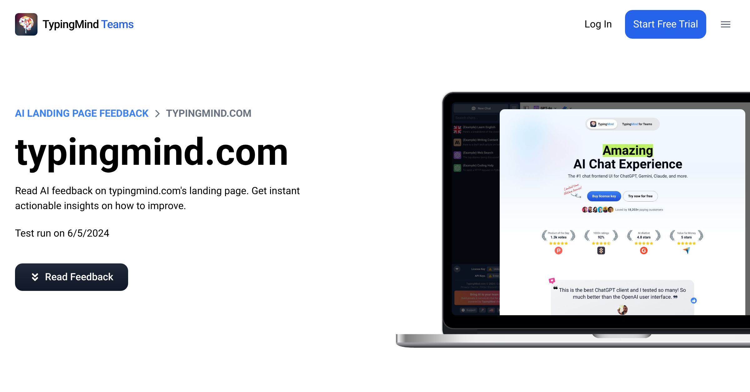 AI Landing Page Feedback for typingmind.com