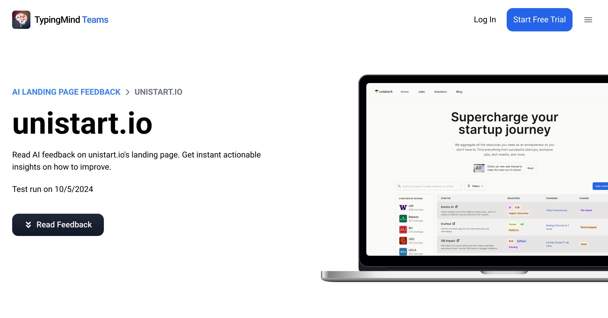 AI Landing Page Feedback for unistart.io