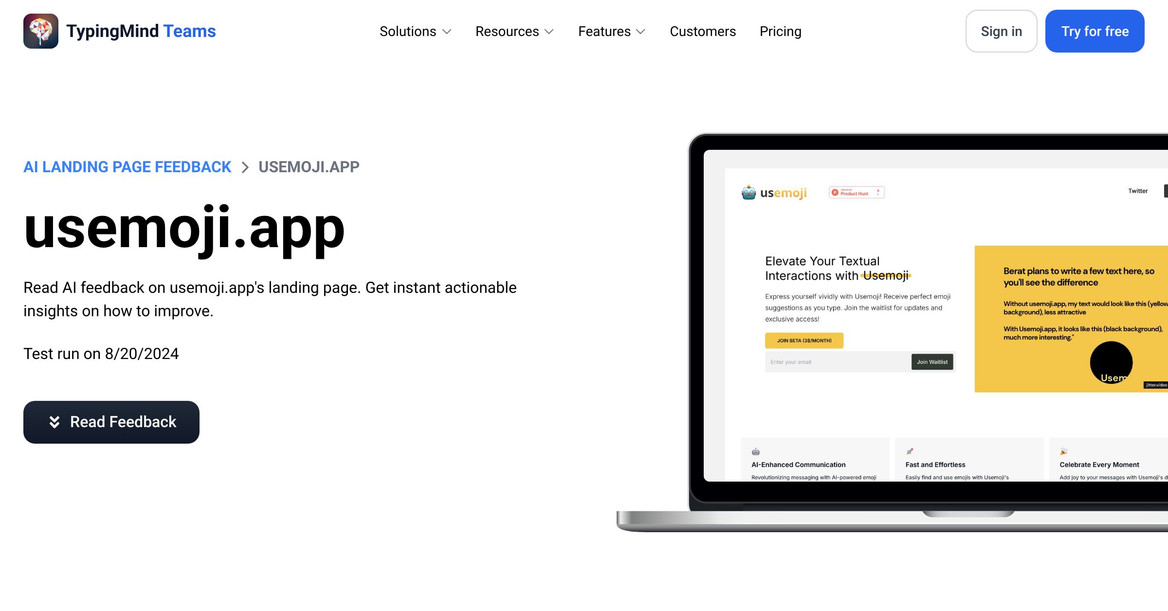 AI Landing Page Feedback for usemoji.app